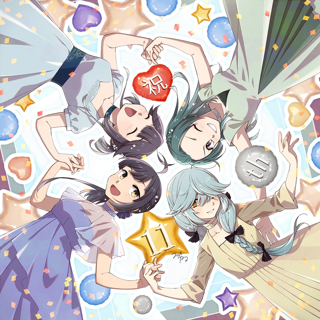 Safebooru - 4girls ahoge anniversary black hair braid brown eyes closed eyes dress forehead ...