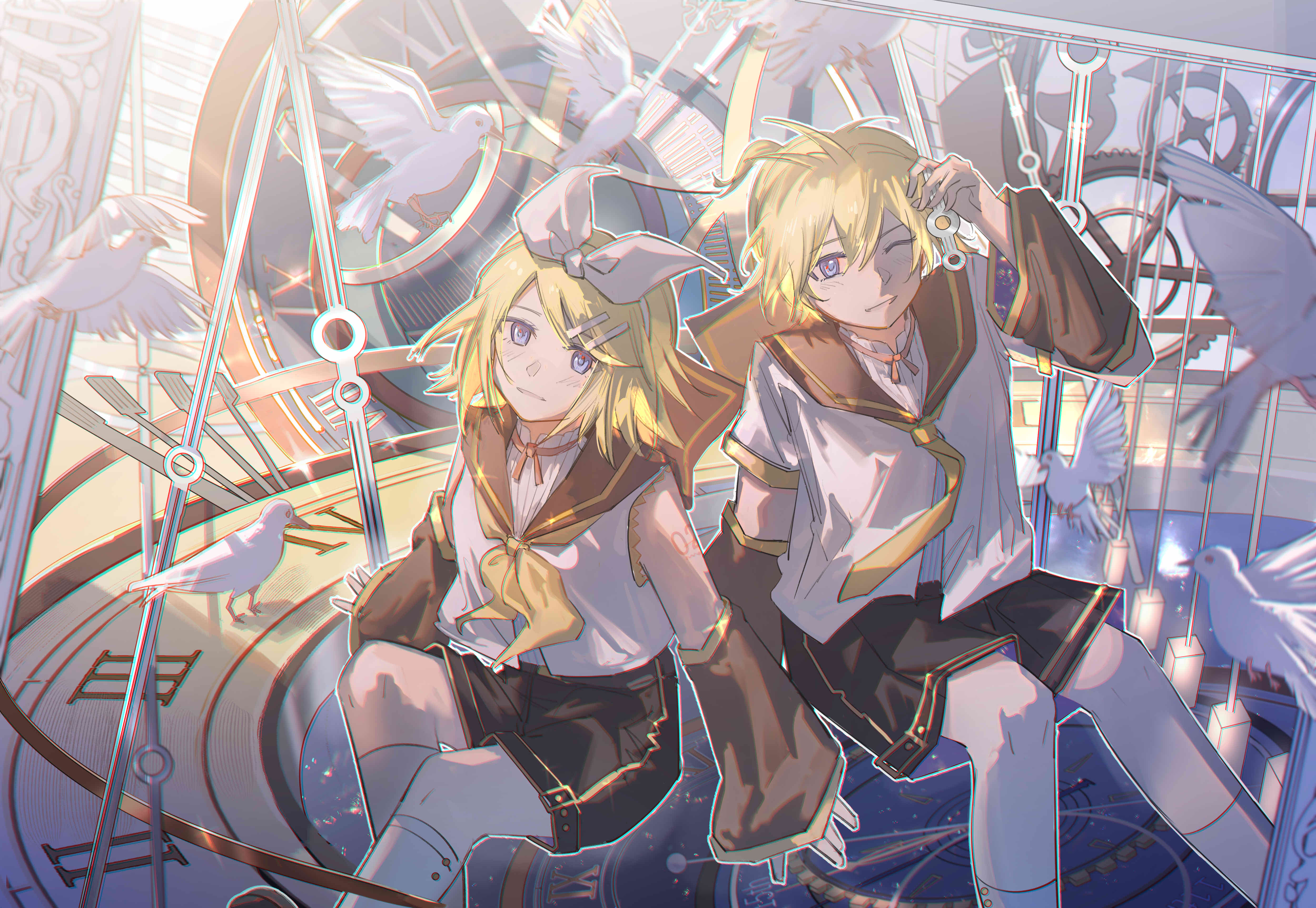 Safebooru - 1boy 1girl absurdres bird black sailor collar black shorts blonde hair blue eyes ...
