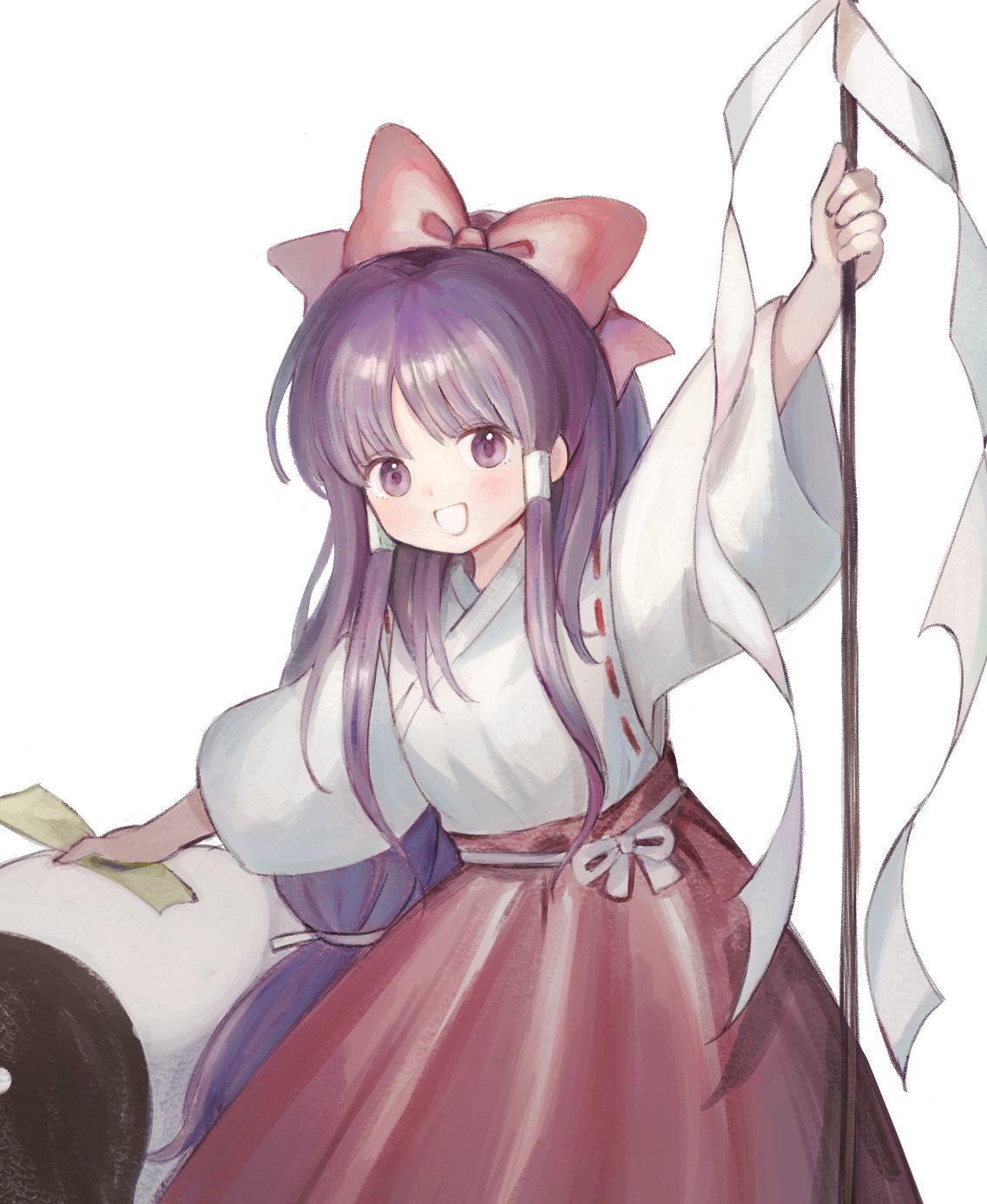Safebooru - 1girl arms up bow bowtie cowboy shot gohei hair bow hair ...