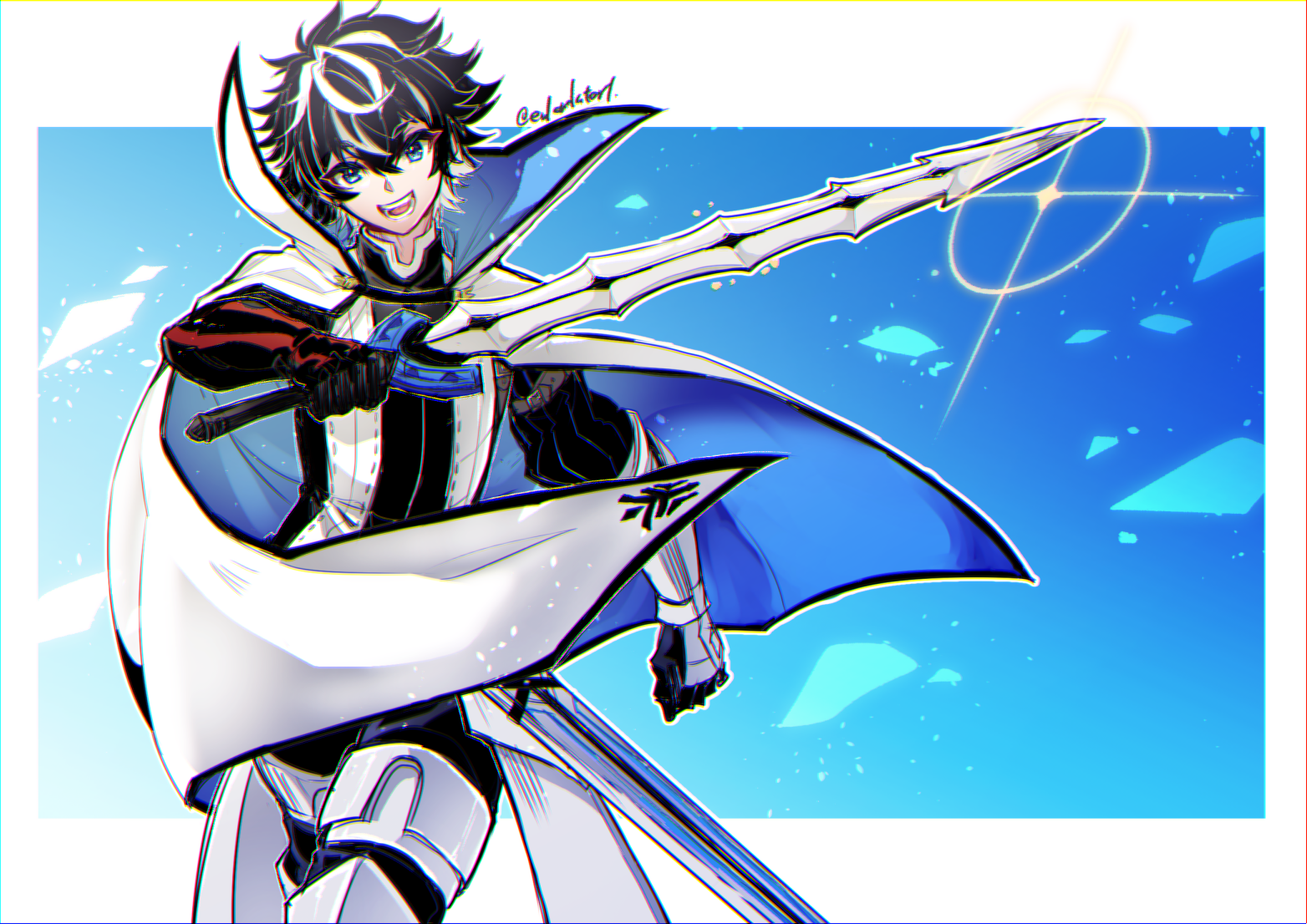 Safebooru - arm belt armor black hair blue background blue eyes cape ...