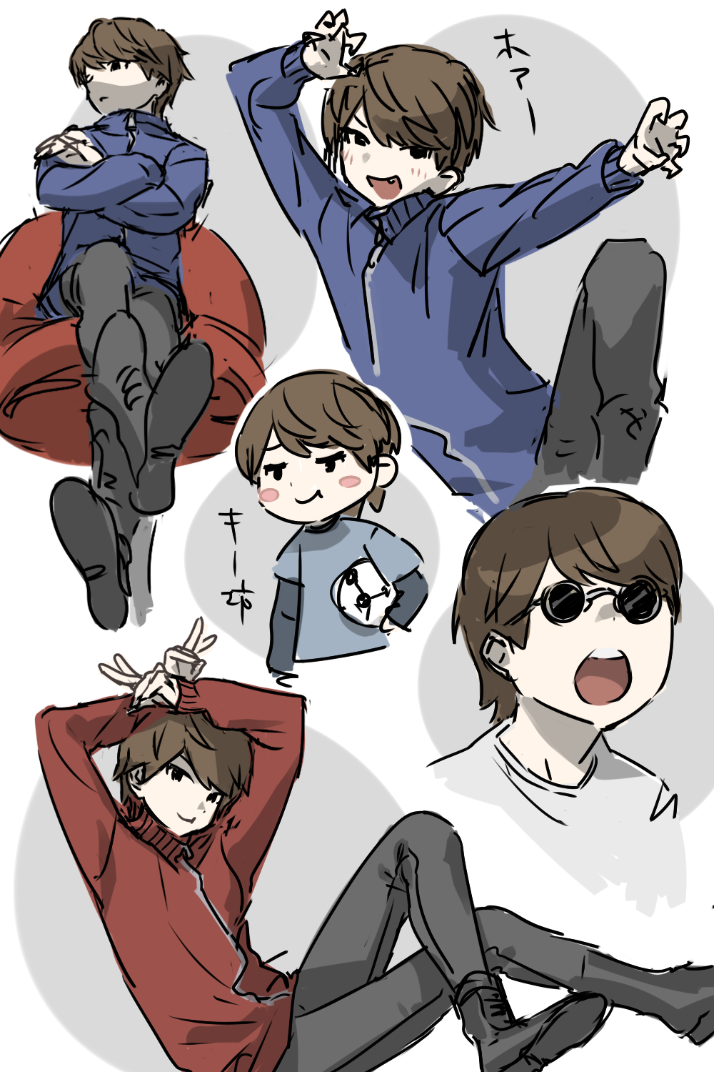 Safebooru - 1boy black eyes black footwear black pants blue jacket boots brown hair chair chibi ...