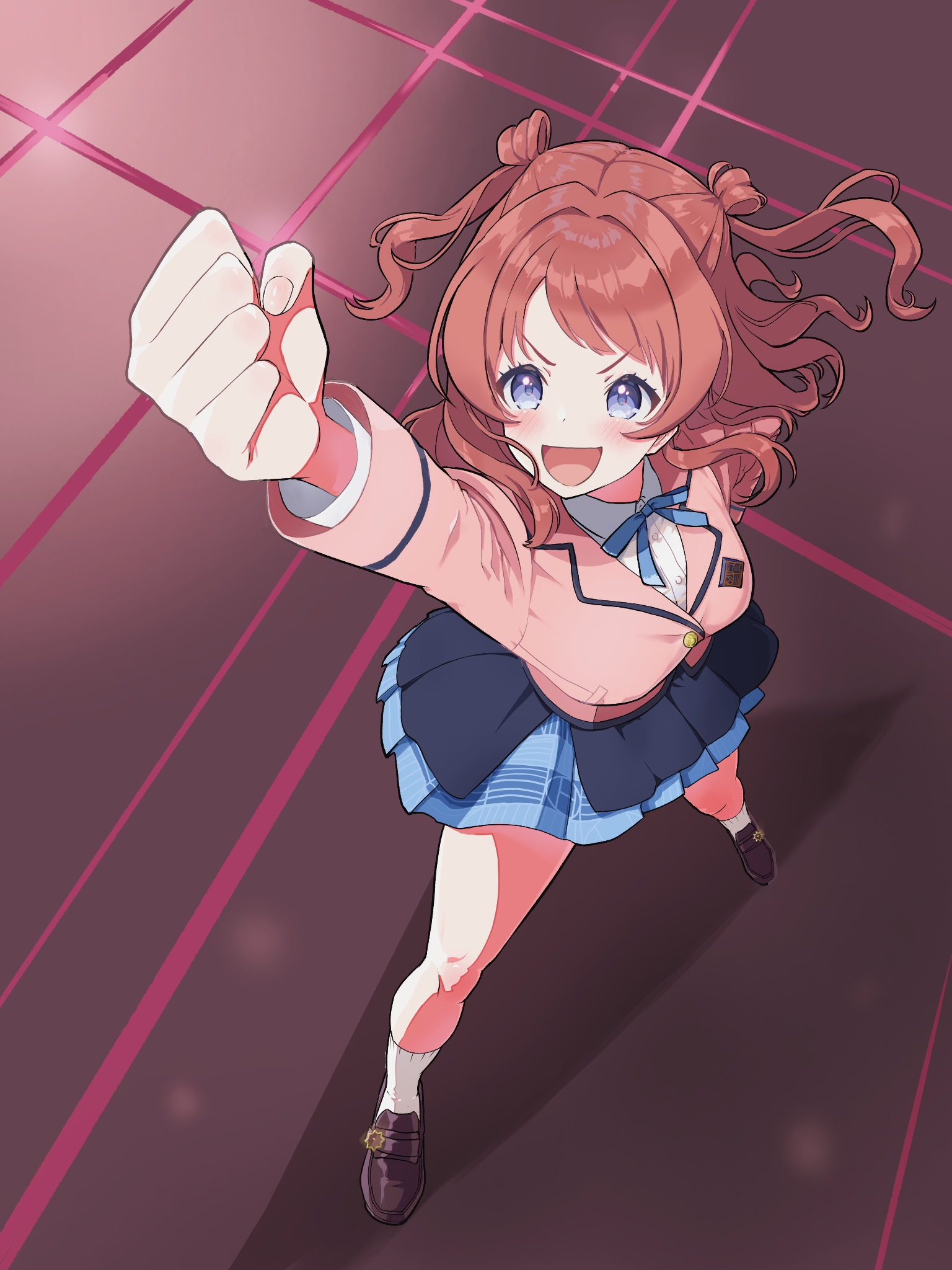 Safebooru - 1girl arm up bare legs blazer blue overskirt blue ribbon blue skirt blush breasts ...