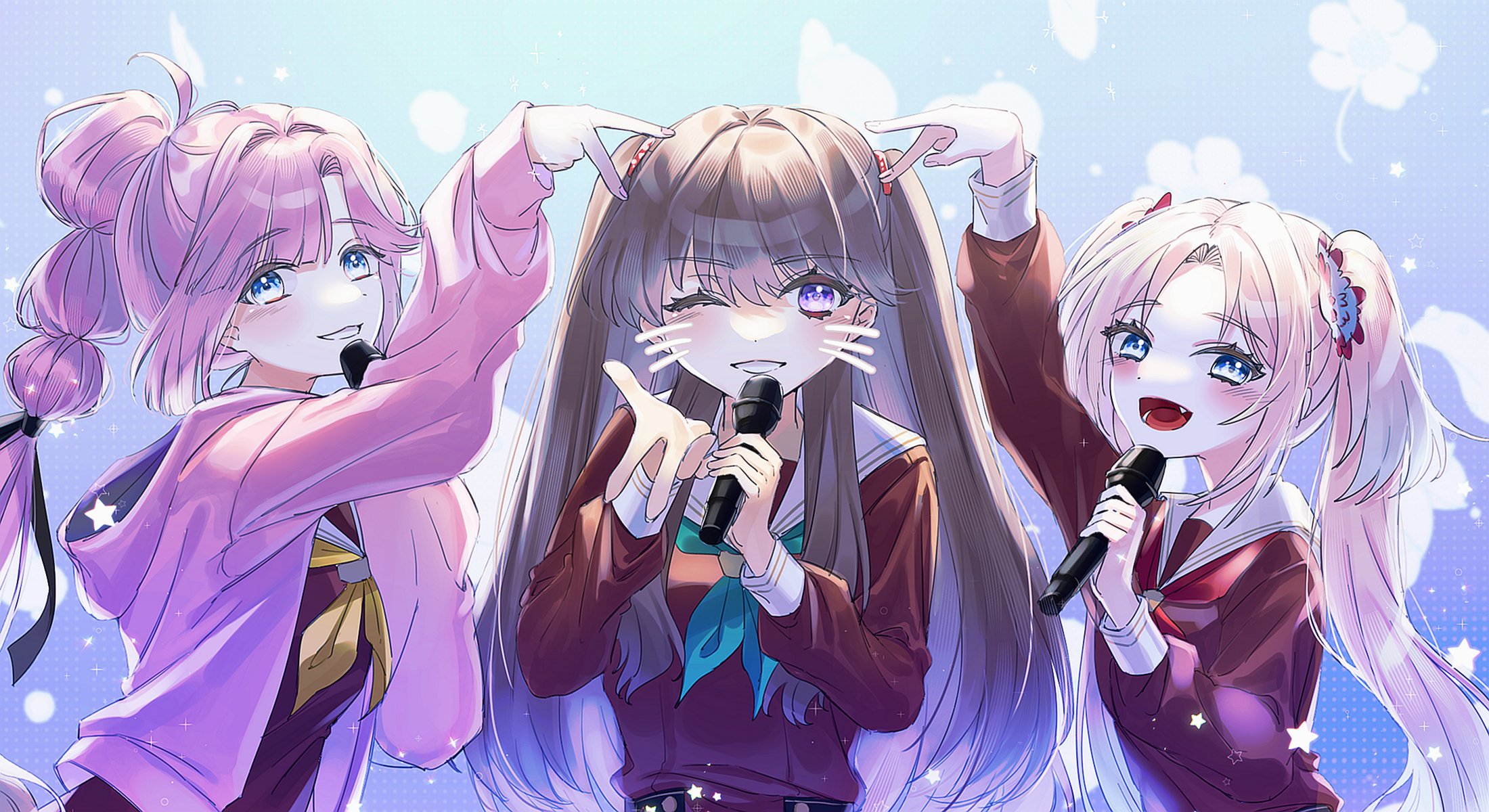 Safebooru - 3girls :3 ;d anyoji hime aqua neckerchief black ribbon blonde hair blue background ...