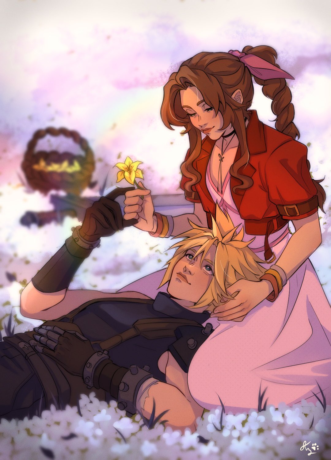 Safebooru - 1boy 1girl aerith gainsborough bandaged arm bandages bangle belt blonde hair blue ...