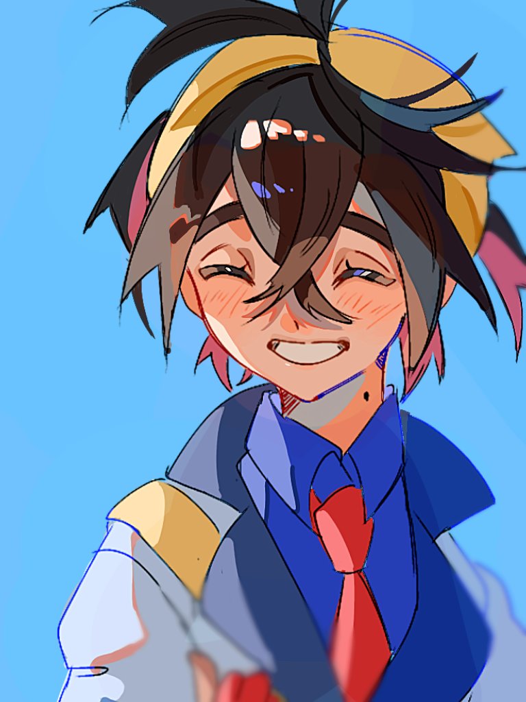 Safebooru - 1boy ^ ^ black hair blue background blue shirt closed eyes collared shirt crossed ...