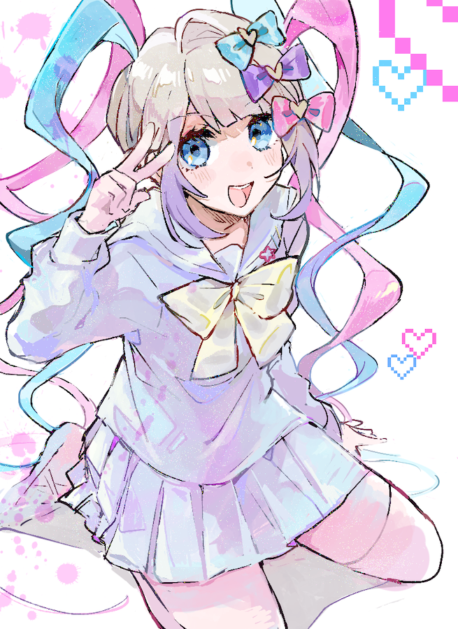 Safebooru - 1girl :d blonde hair blue bow blue eyes blue hair blue serafuku blue shirt blue ...