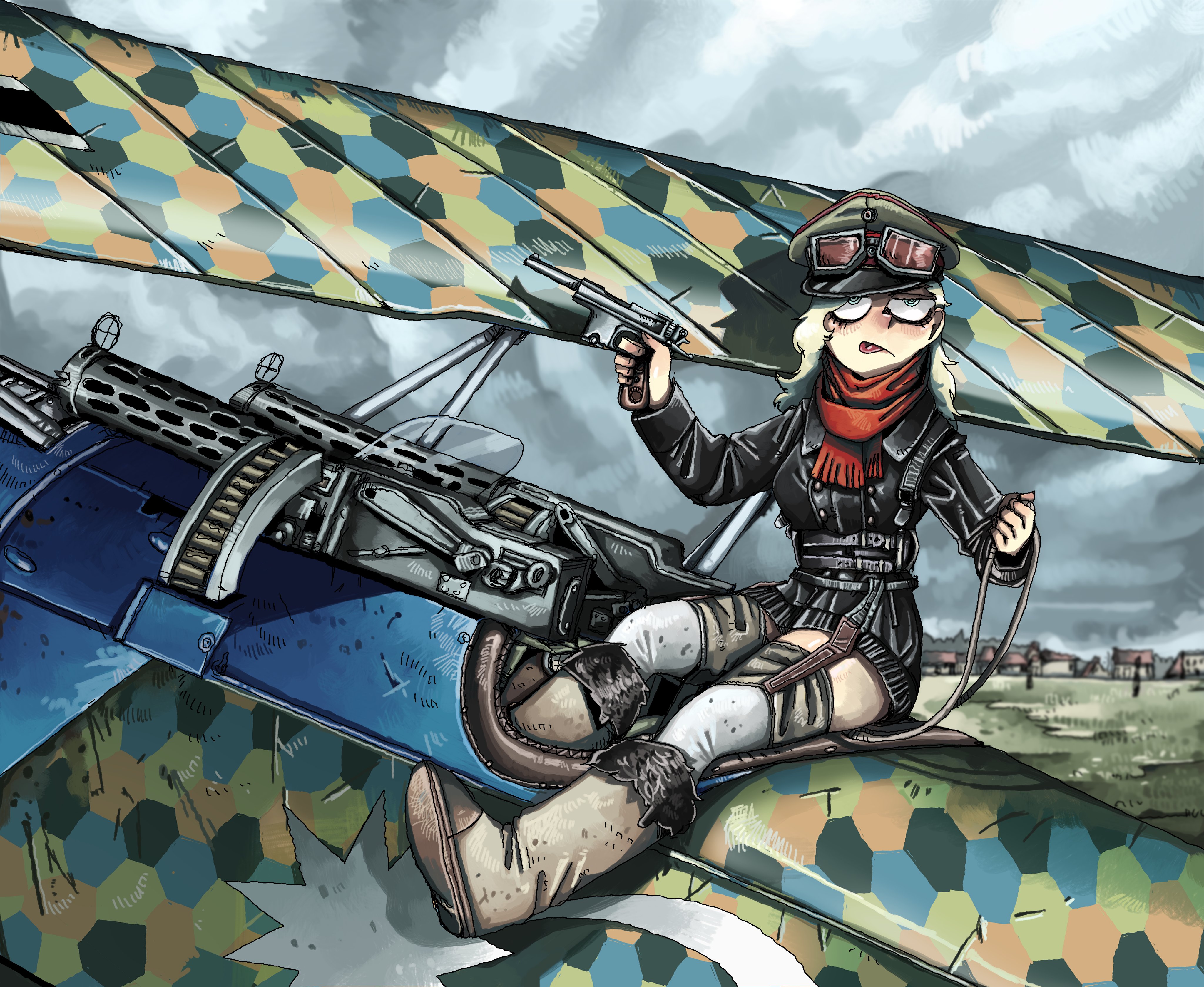 Safebooru - 1girl absurdres aircraft airplane blonde hair blue eyes boots brown footwear full ...