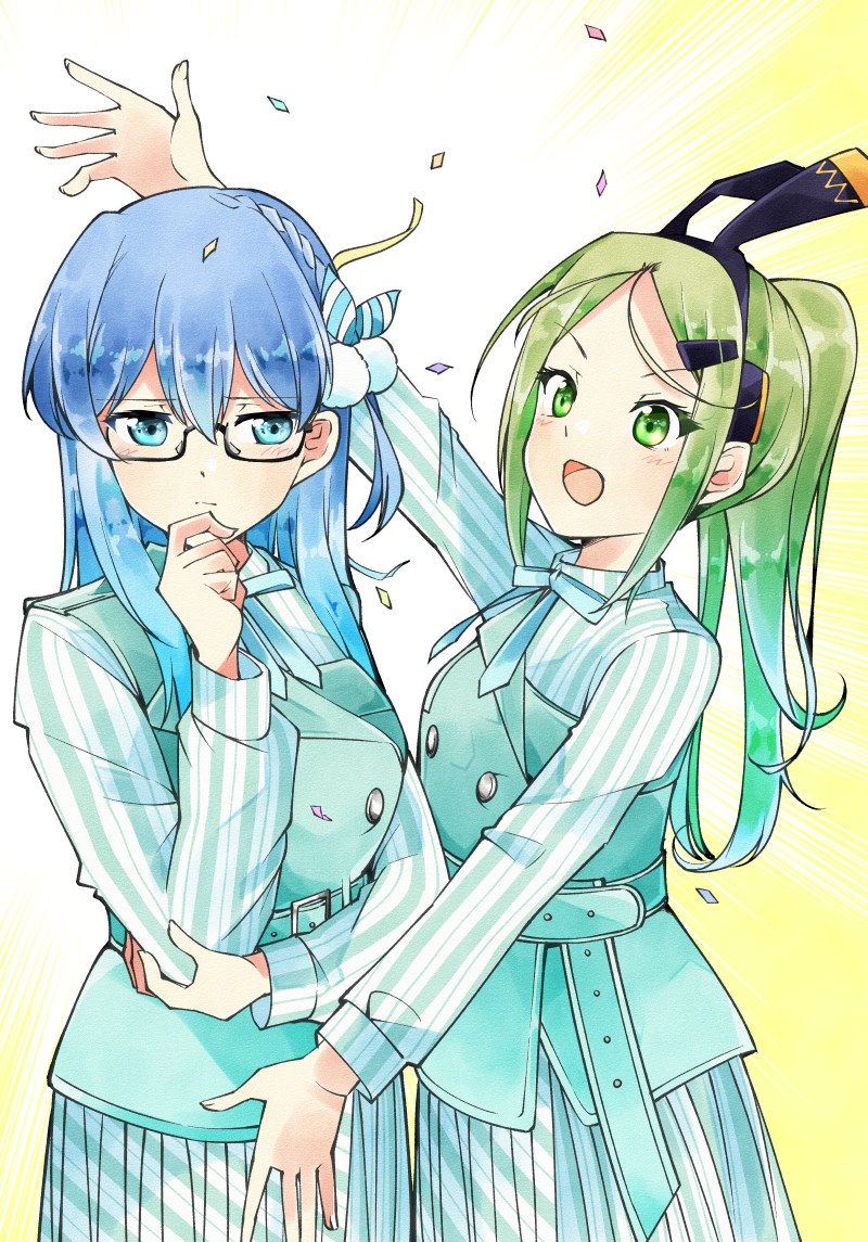 Safebooru - 22/7 2girls :d aqua belt aqua dress arm up black-framed eyewear blue eyes blue hair ...