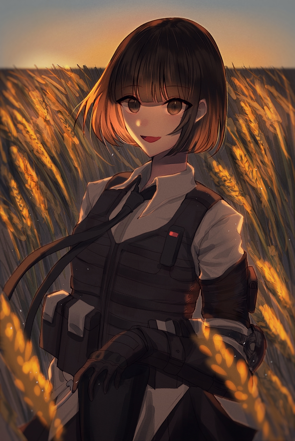 Safebooru - 1girl black gloves black necktie black skirt body armor brown eyes brown hair girls ...