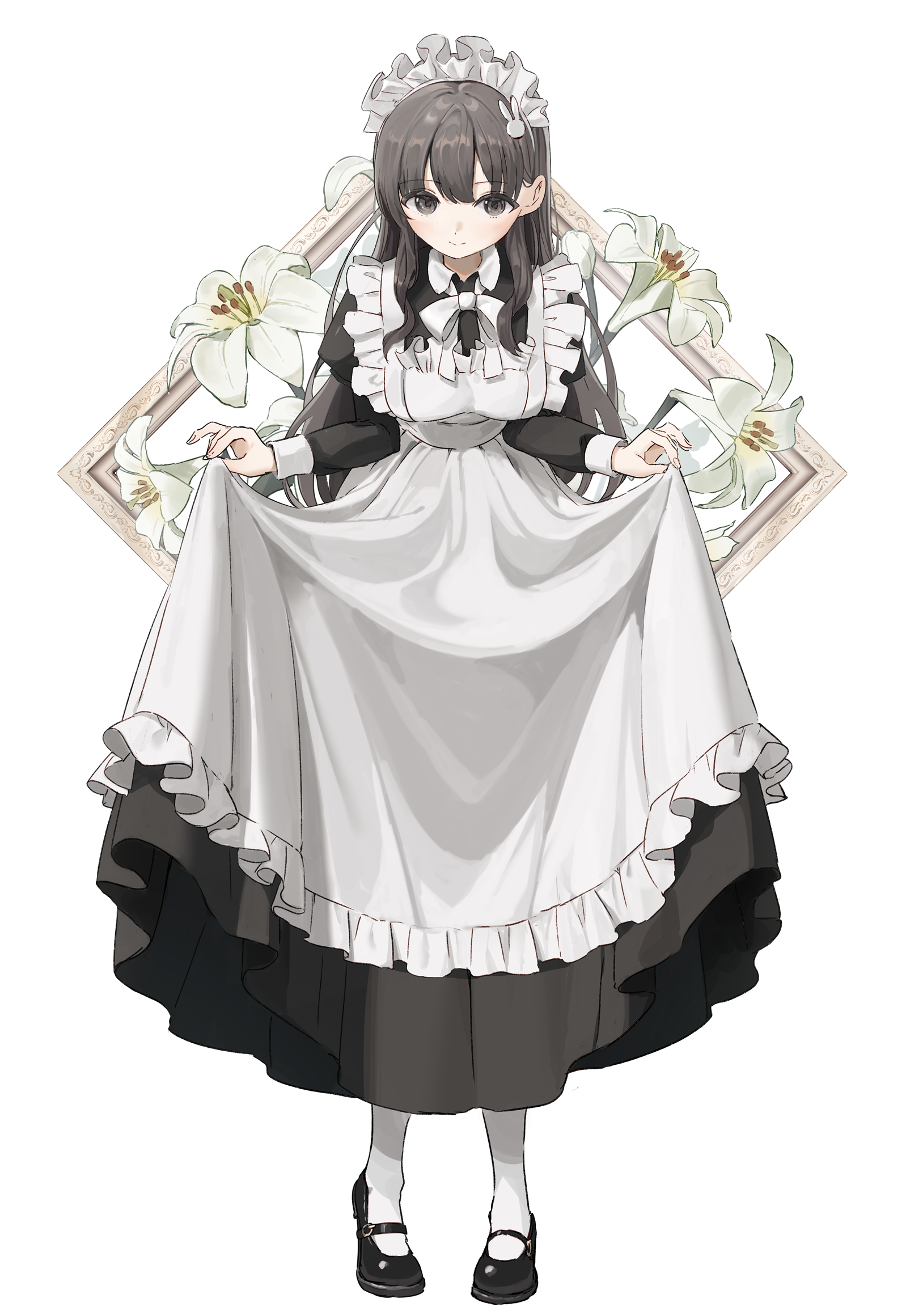 Safebooru - 1girl apron black dress black footwear black hair bow breasts closed mouth collared ...