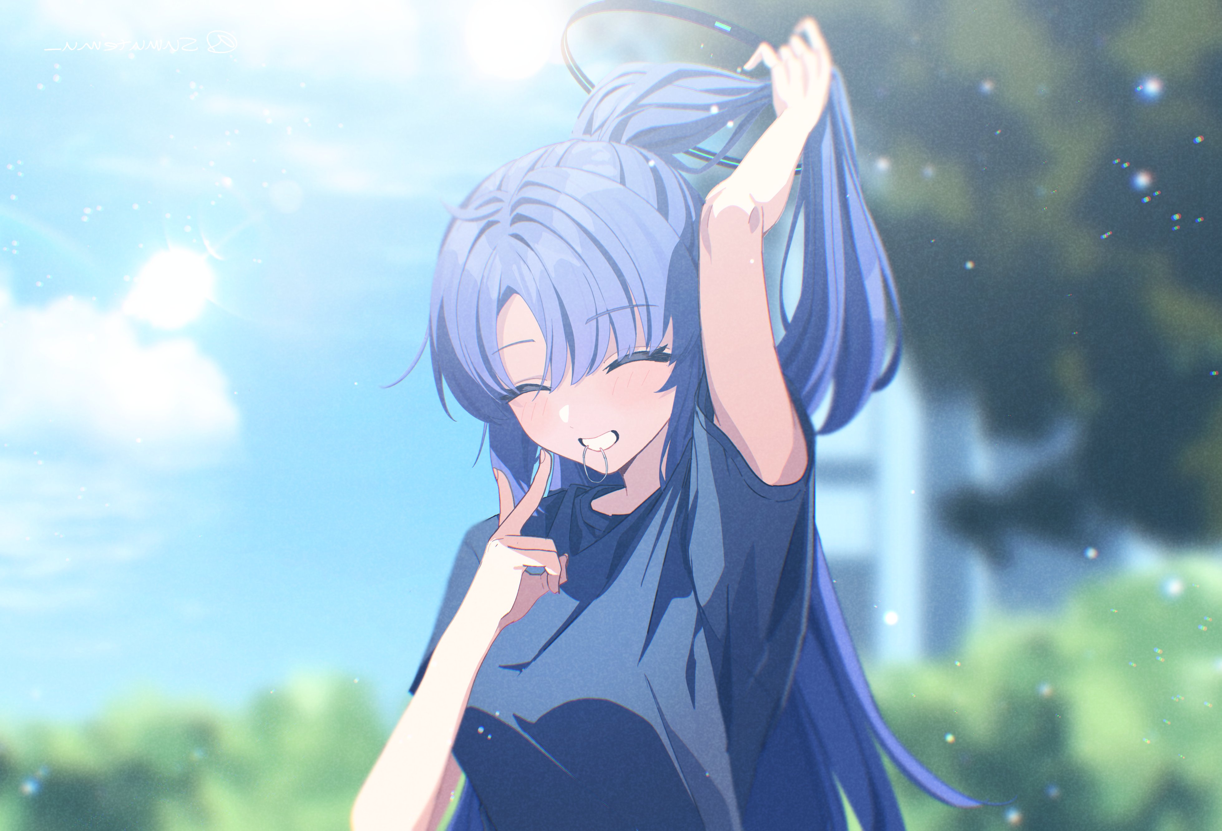 Safebooru - absurdres black halo blue archive blue shirt blurry blurry background closed eyes ...