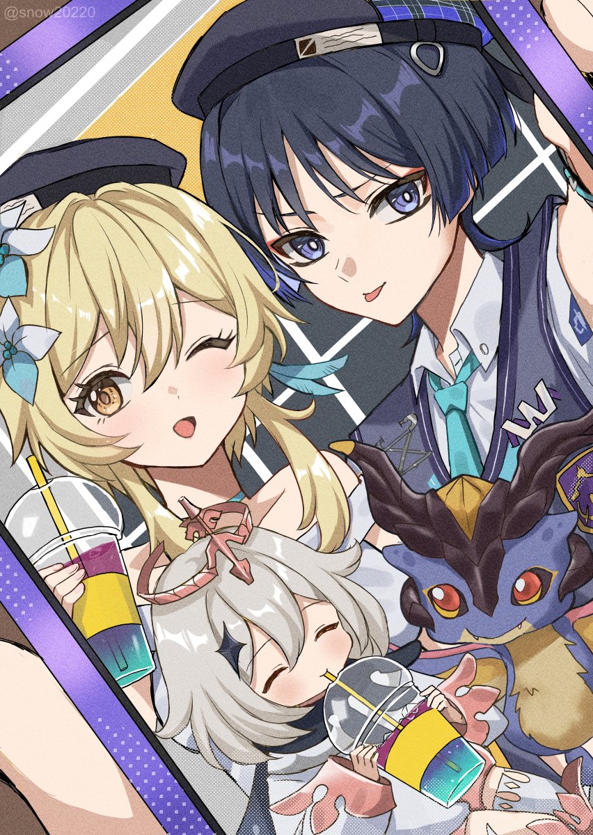 Safebooru - 1boy 2girls alternate costume aqua choker aqua necktie bare shoulders beret black ...