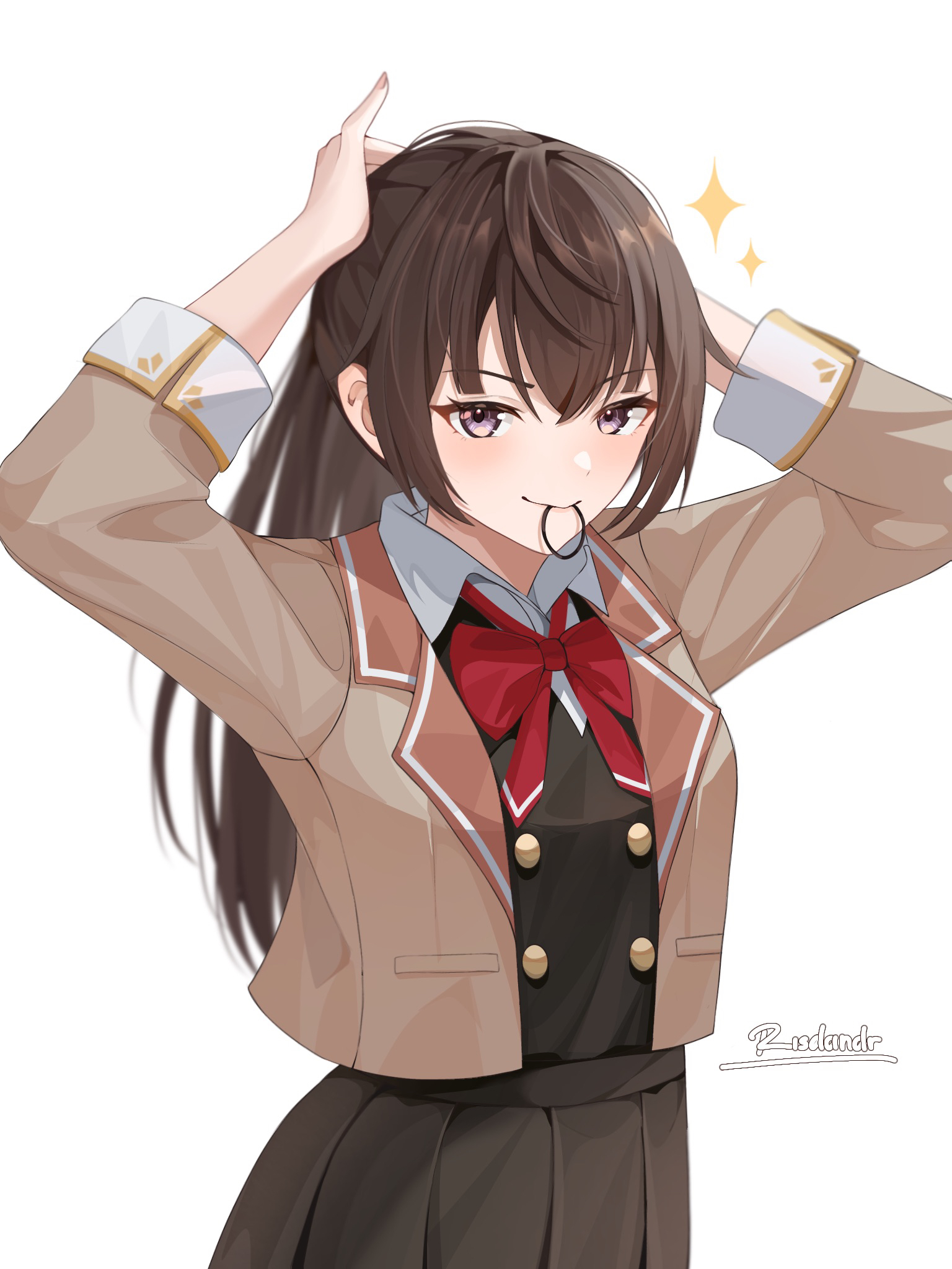 Safebooru - 1girl arms up blazer blush bow bowtie breasts brown hair brown jacket brown skirt ...