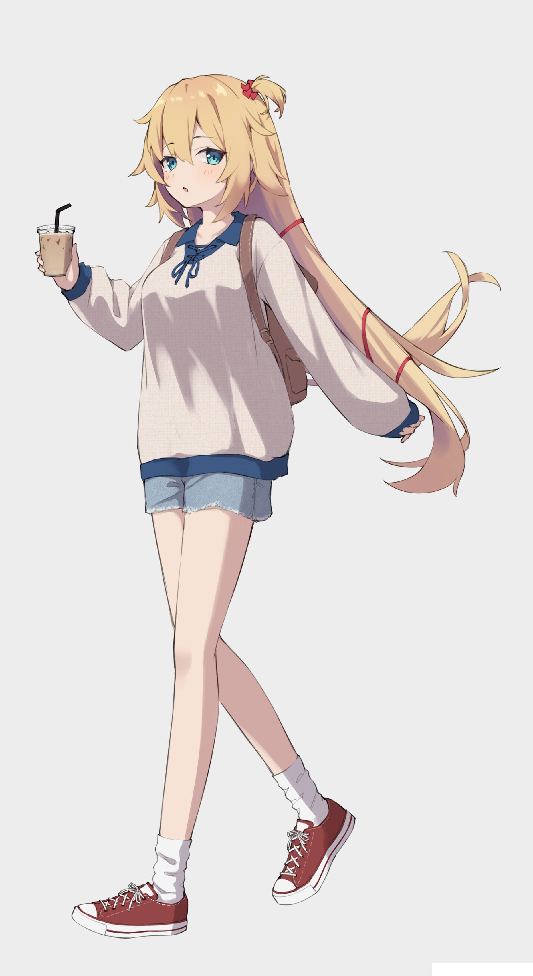 Safebooru - 1girl absurdres akai haato alternate costume backpack bag blonde hair blue eyes blue ...