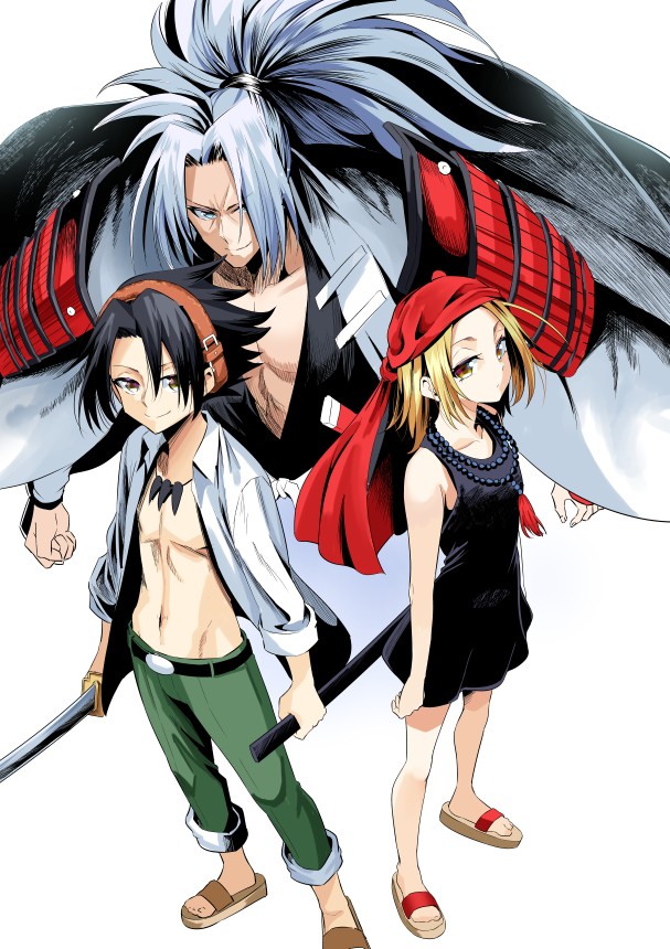 Safebooru - 1girl 2boys amidamaru armor asakura yoh attsun (atsushi jb ...