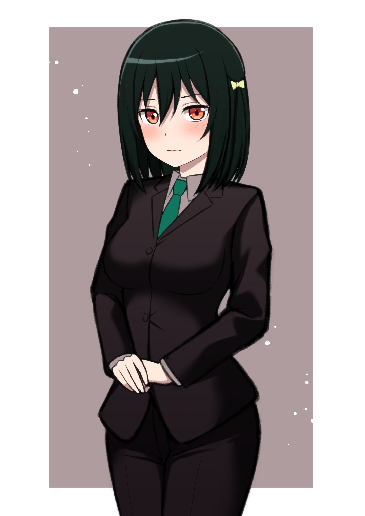 Safebooru - 1girl black jacket black pants black suit blush border closed mouth collared shirt ...