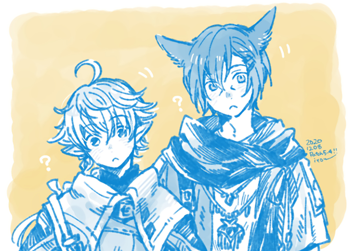 Safebooru - 1boy 1girl ? ahoge alisaie leveilleur animal ears blue theme cat ears closed mouth ...