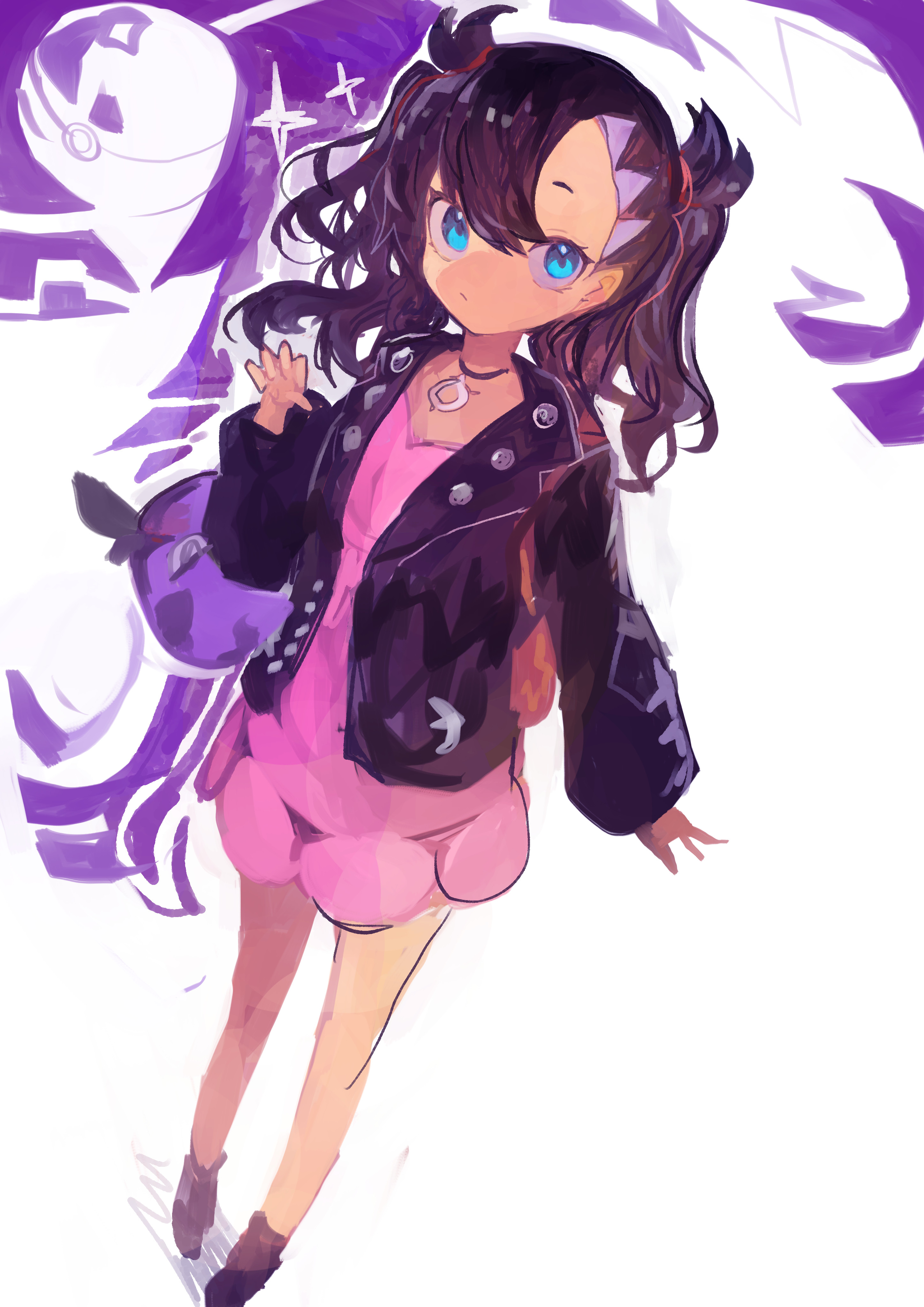 Safebooru - 1girl absurdres asymmetrical bangs black hair black jacket blue eyes choker dress ...