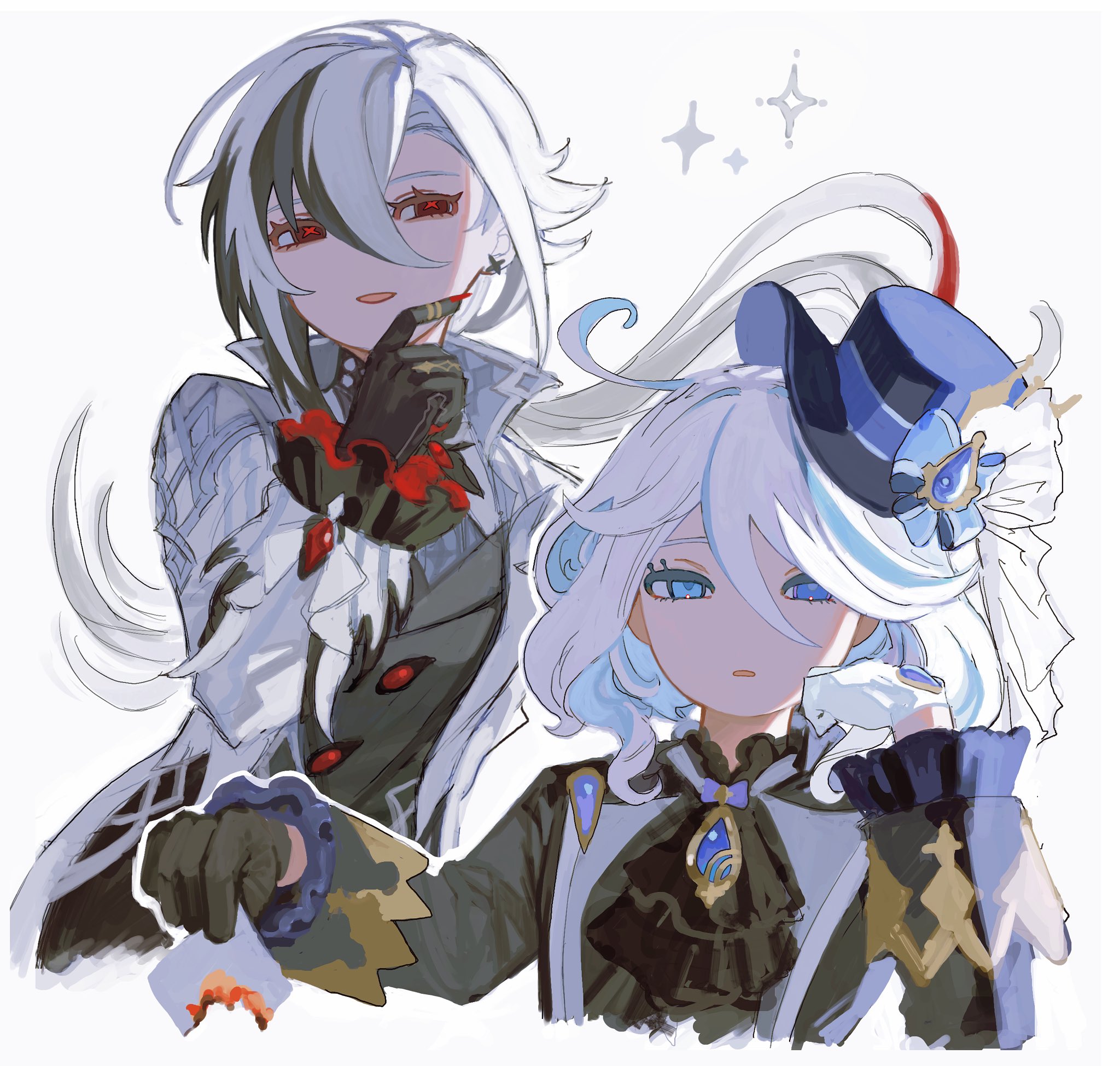 Safebooru - 2girls ahoge arlecchino (genshin impact) ascot asymmetrical gloves black ascot black ...