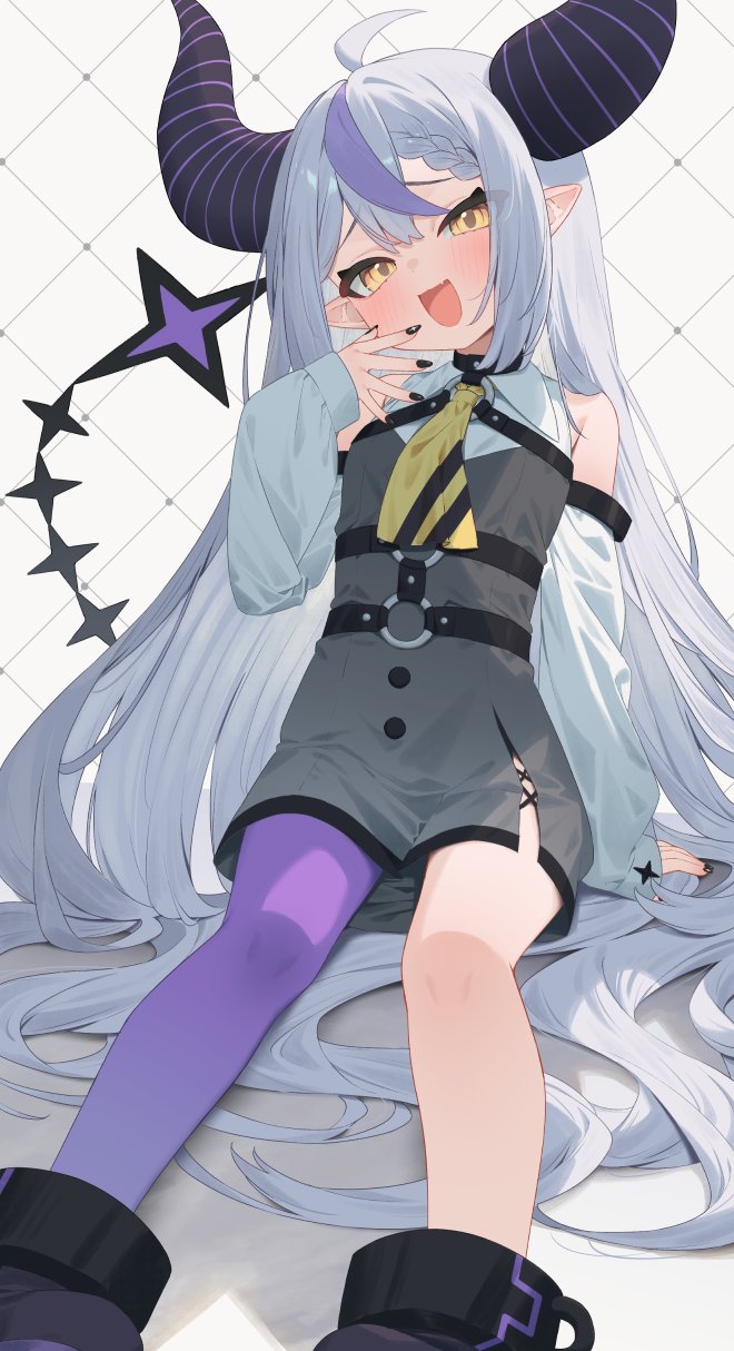 Safebooru - 1girl :d ahoge ascot bare shoulders black dress black footwear black nails blush ...