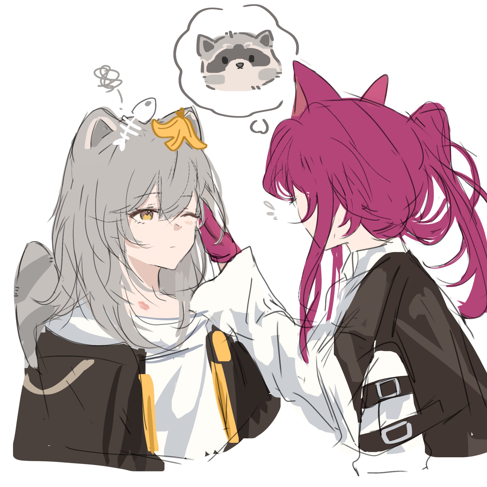 Safebooru - 2girls animal ears banana peel black jacket blush cat ears ...