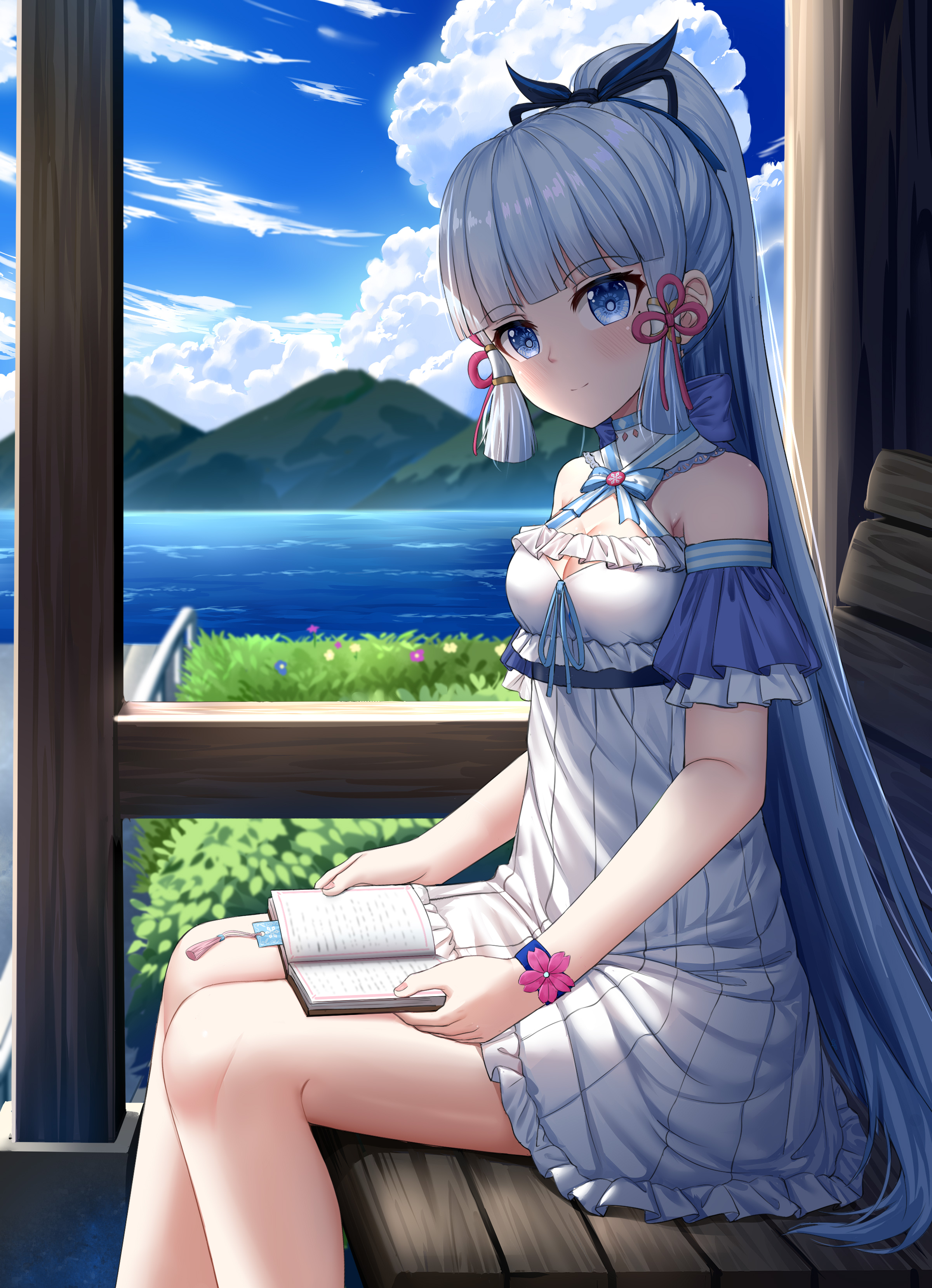 Safebooru - 1girl absurdres bare legs blue eyes blue hair blunt bangs blush book breasts closed ...