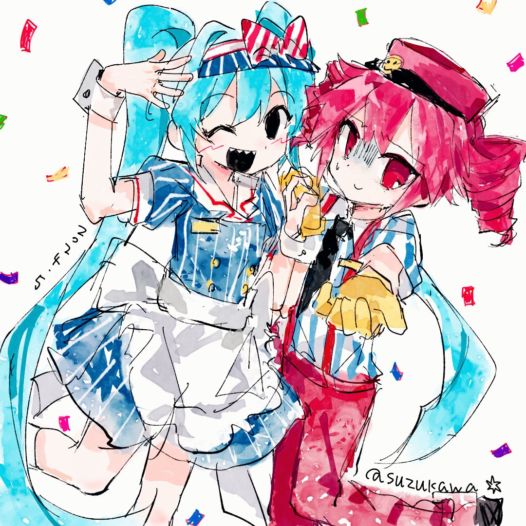 Safebooru - 2girls apron arm up black eyes black mouth blue dress ...