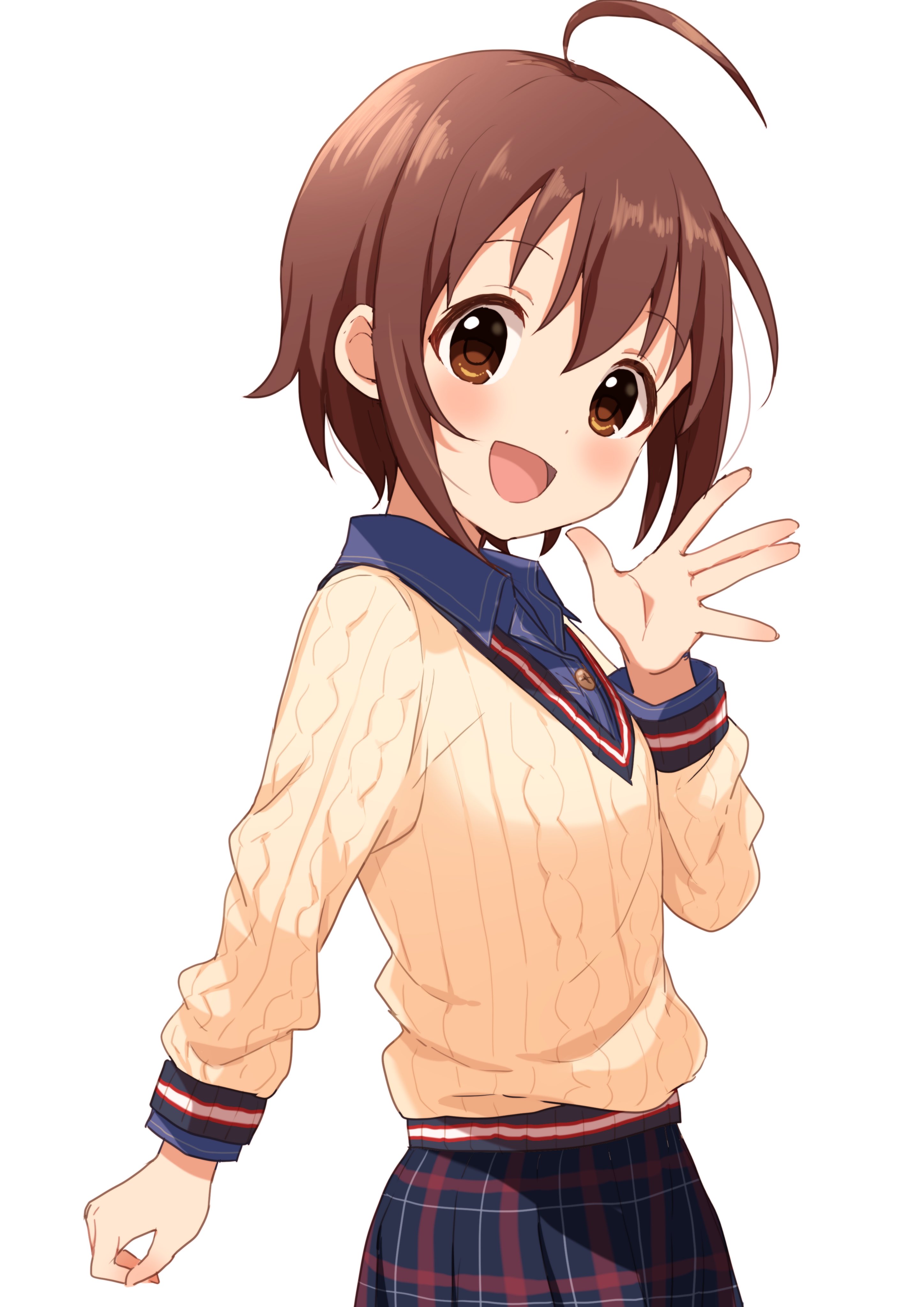 Safebooru - 1girl absurdres ahoge blue shirt blue skirt blush brown eyes brown hair buchi ...