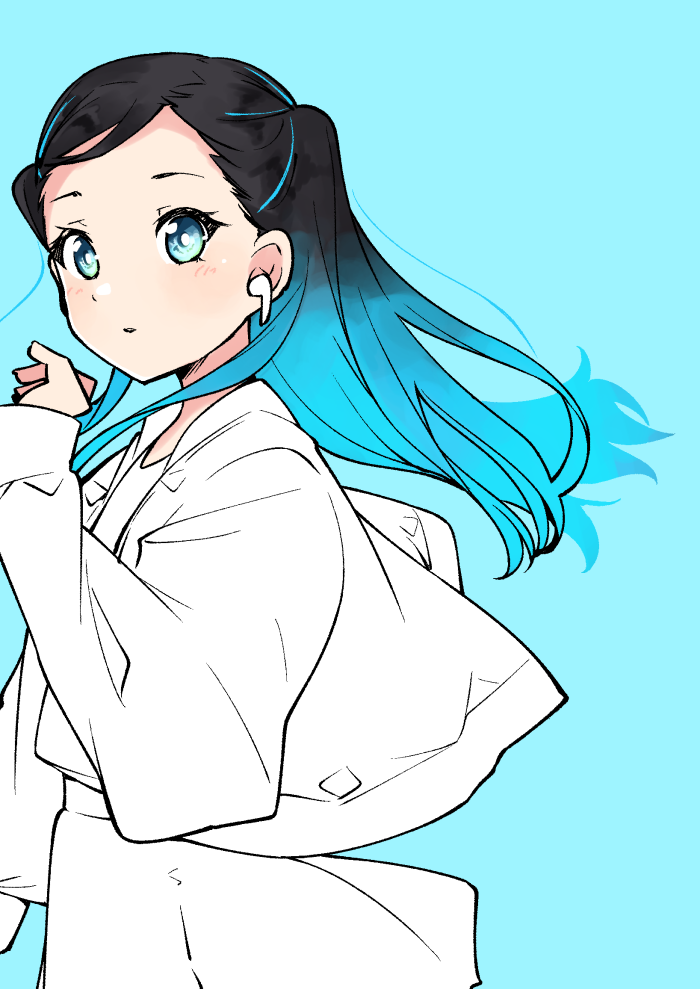 Safebooru - 1girl 22/7 aqua background aqua eyes aqua hair black hair blush floating hair from ...