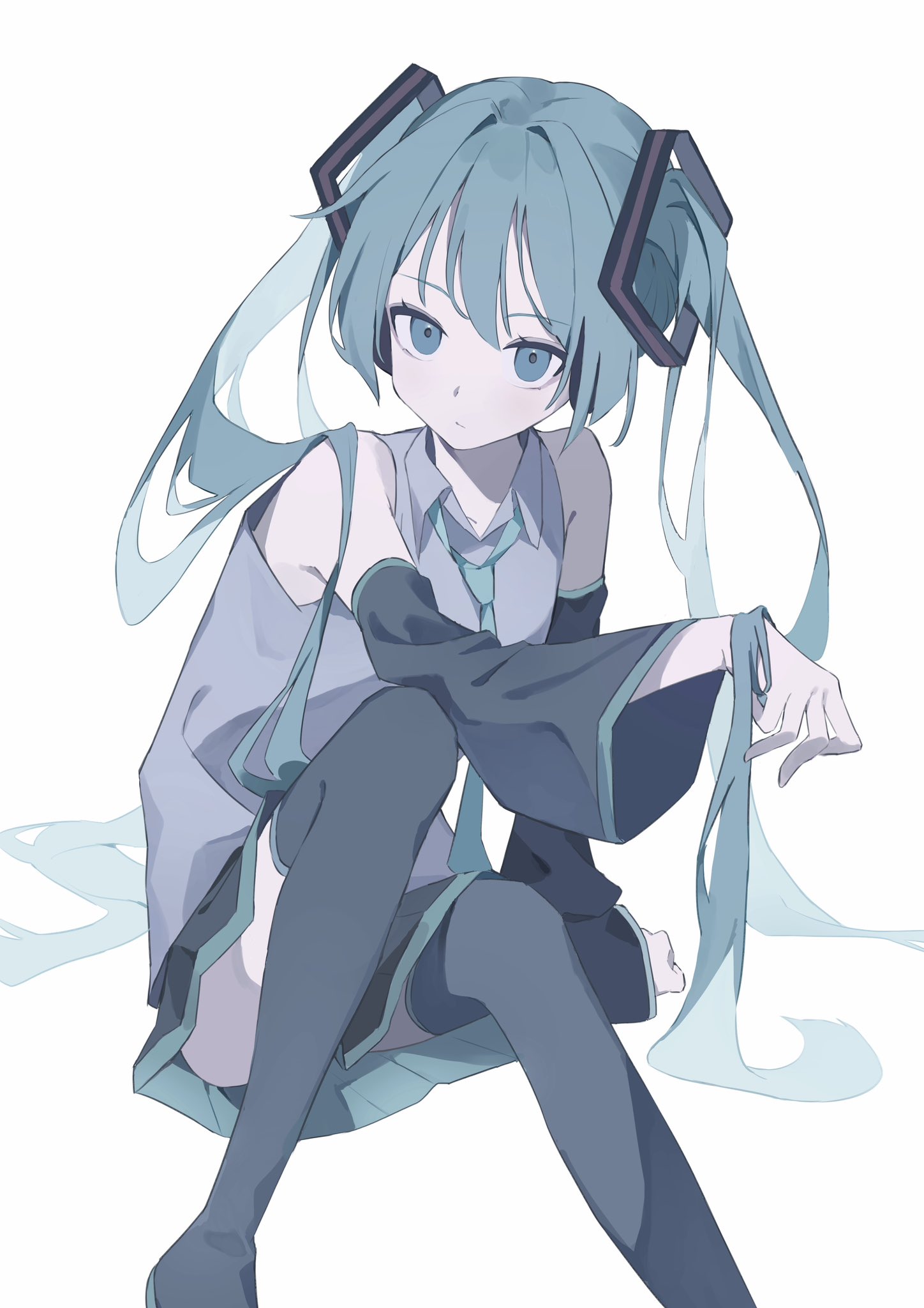 Safebooru - 1girl aqua ascot aqua eyes aqua hair ascot black footwear black skirt black sleeves ...