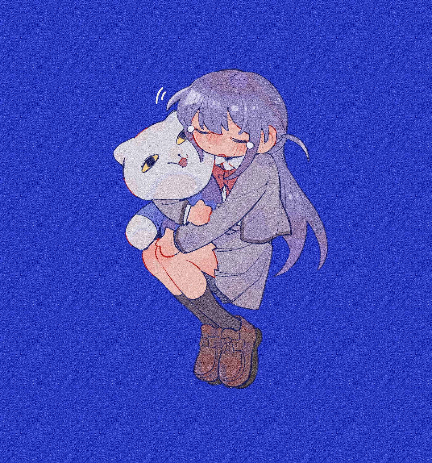 Safebooru - 1girl black socks blue background blush bow bowtie brown footwear closed eyes ...