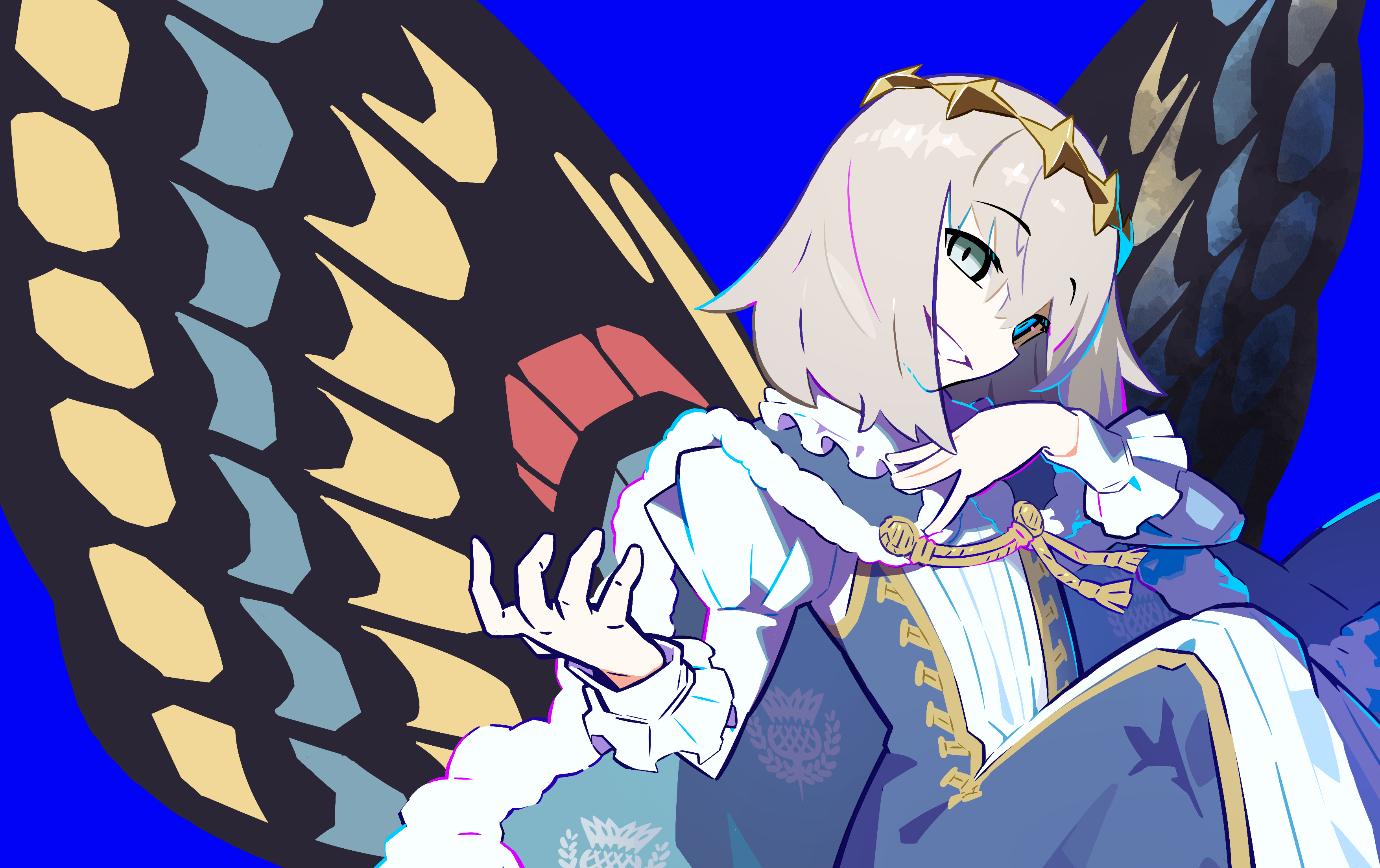 Safebooru - 1boy absurdres androgynous arthropod boy blue background blue cape blue eyes ...