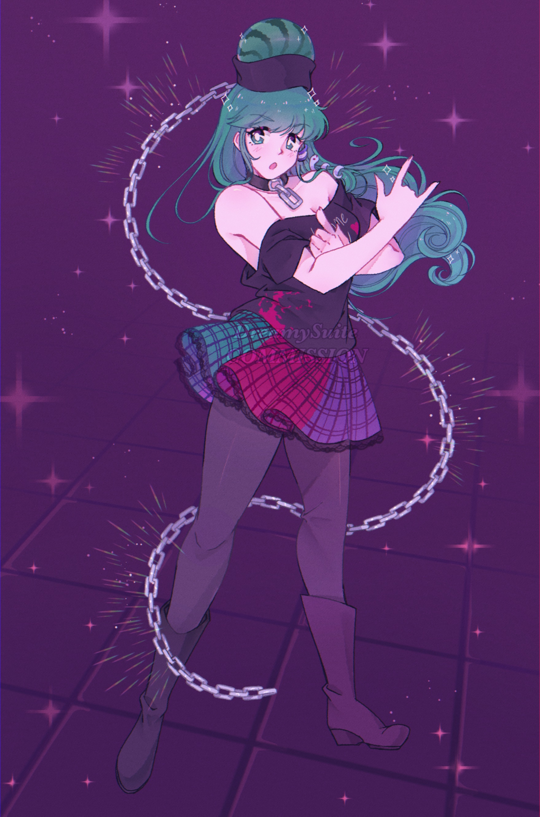 Safebooru - 1girl absurdres bare shoulders black footwear black hat black shirt boots chain ...