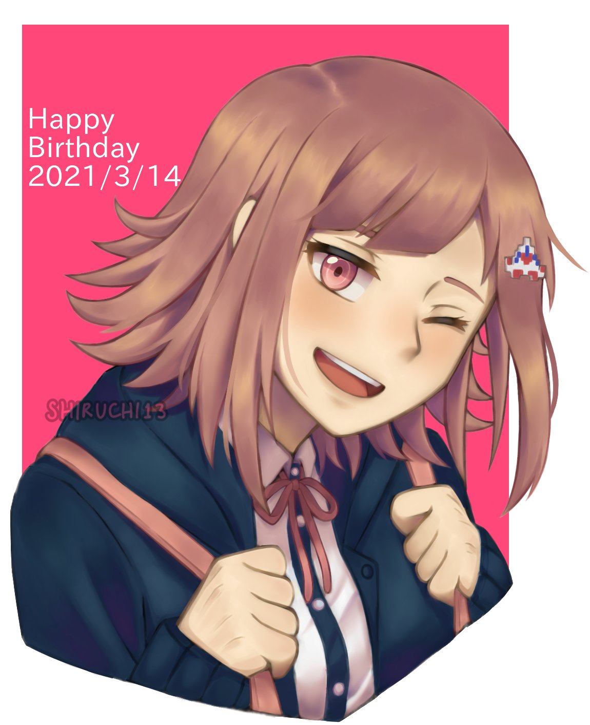 Safebooru - 1girl ;d black jacket black shirt blush brown hair cropped torso danganronpa (series ...