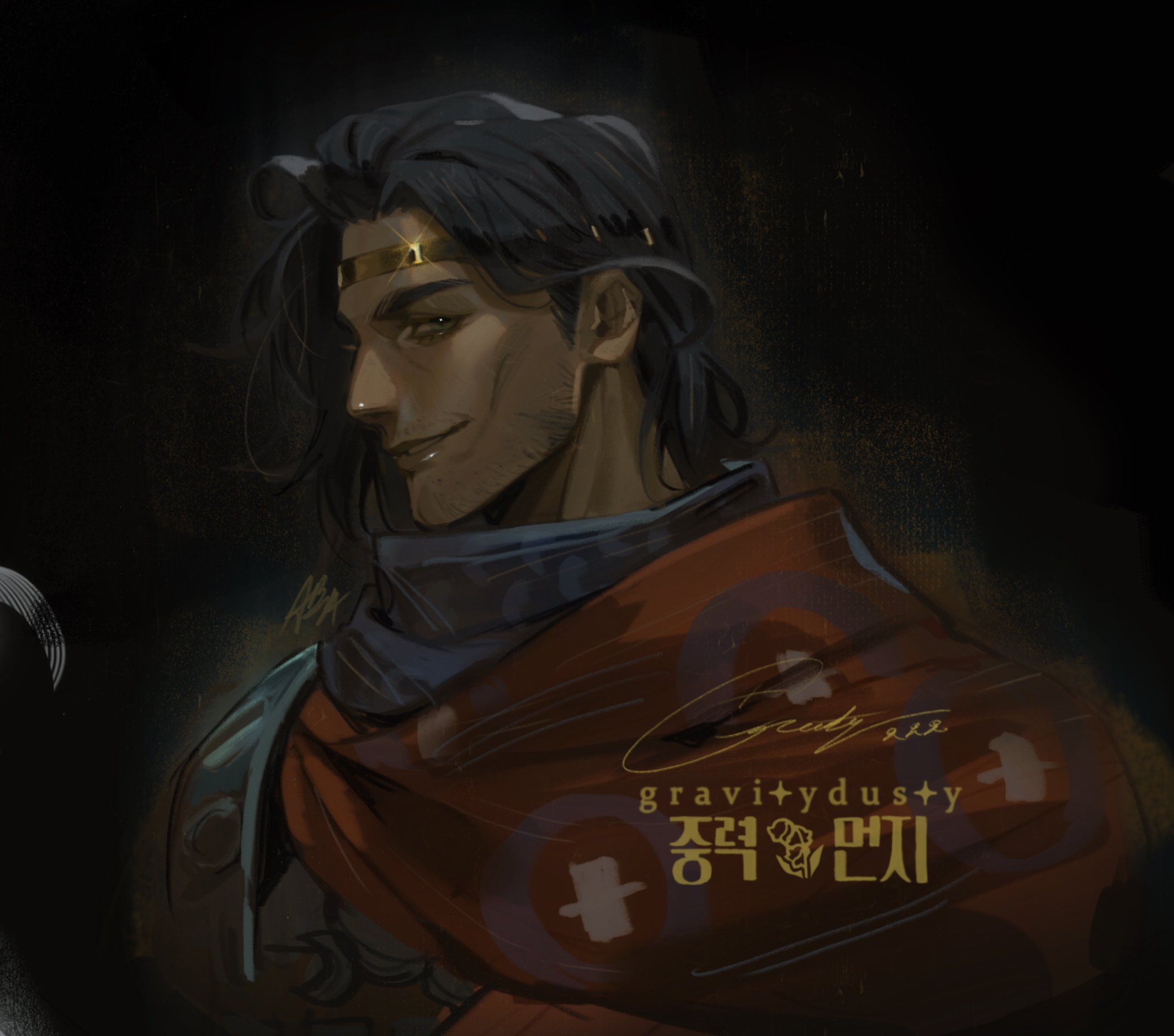 Safebooru - 1boy beard stubble black background black hair blue scarf cloak facial hair glint ...