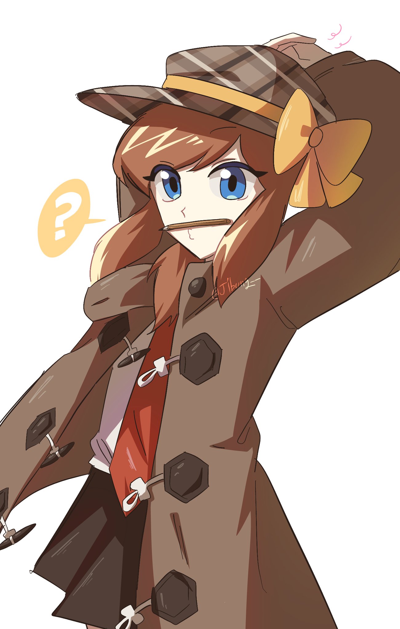 Safebooru - 1girl ? a hat in time arms behind head black skirt blue eyes brown coat brown hair ...