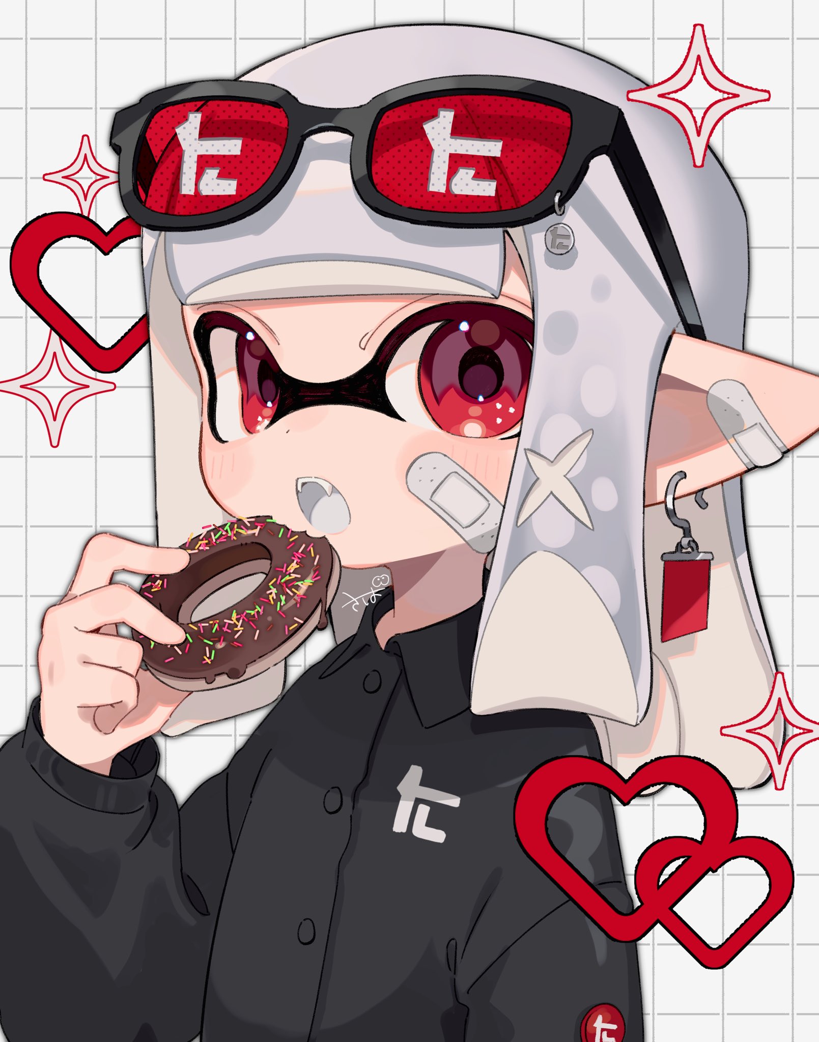 Safebooru - bandaid black shirt doughnut earrings eating food heart ...