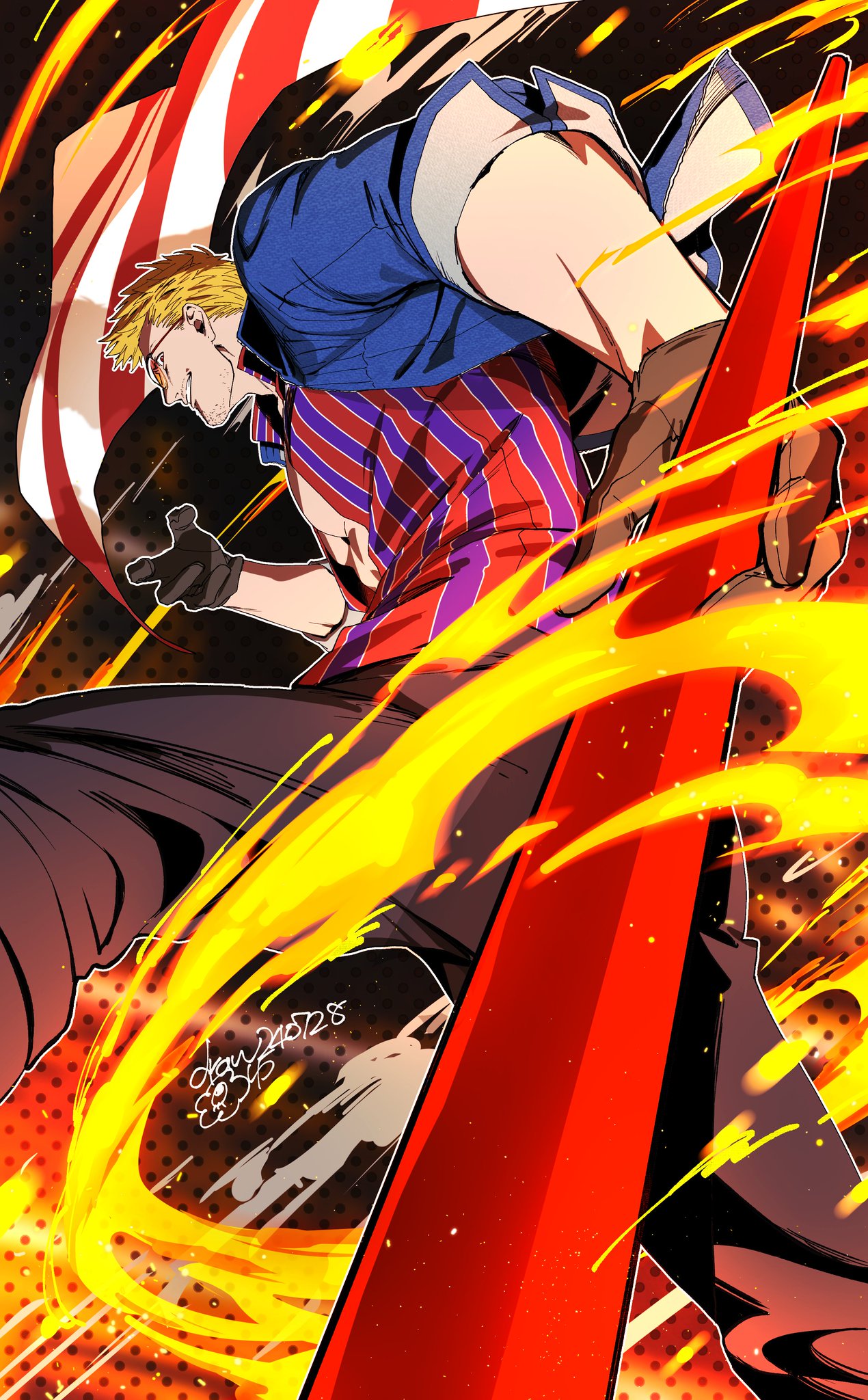 Safebooru - 1boy abs beard stubble billy kane black gloves black pants blonde hair blue jacket ...