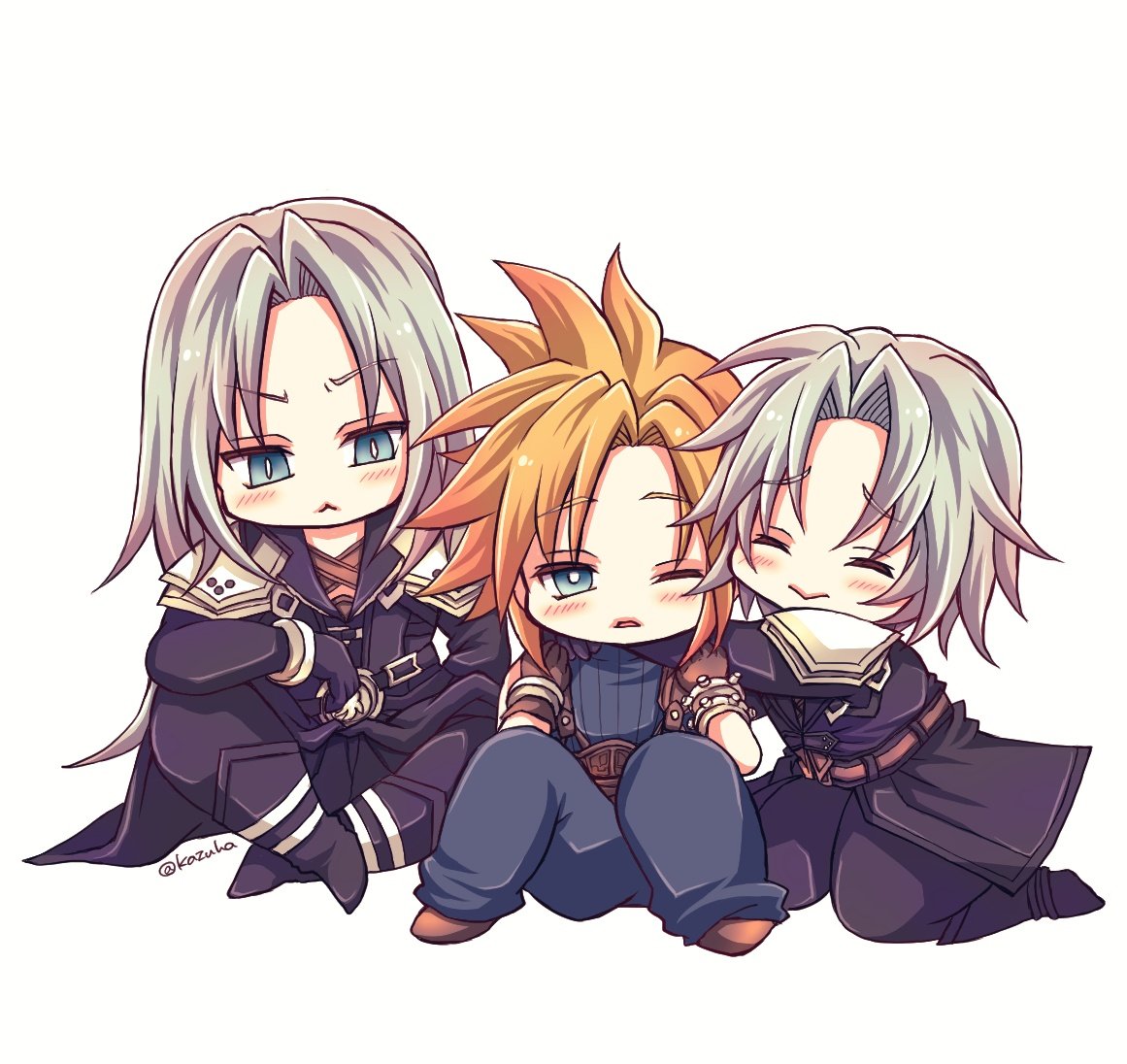 Safebooru - 3boys aged down armor arms around neck artist name belt black belt black coat black ...