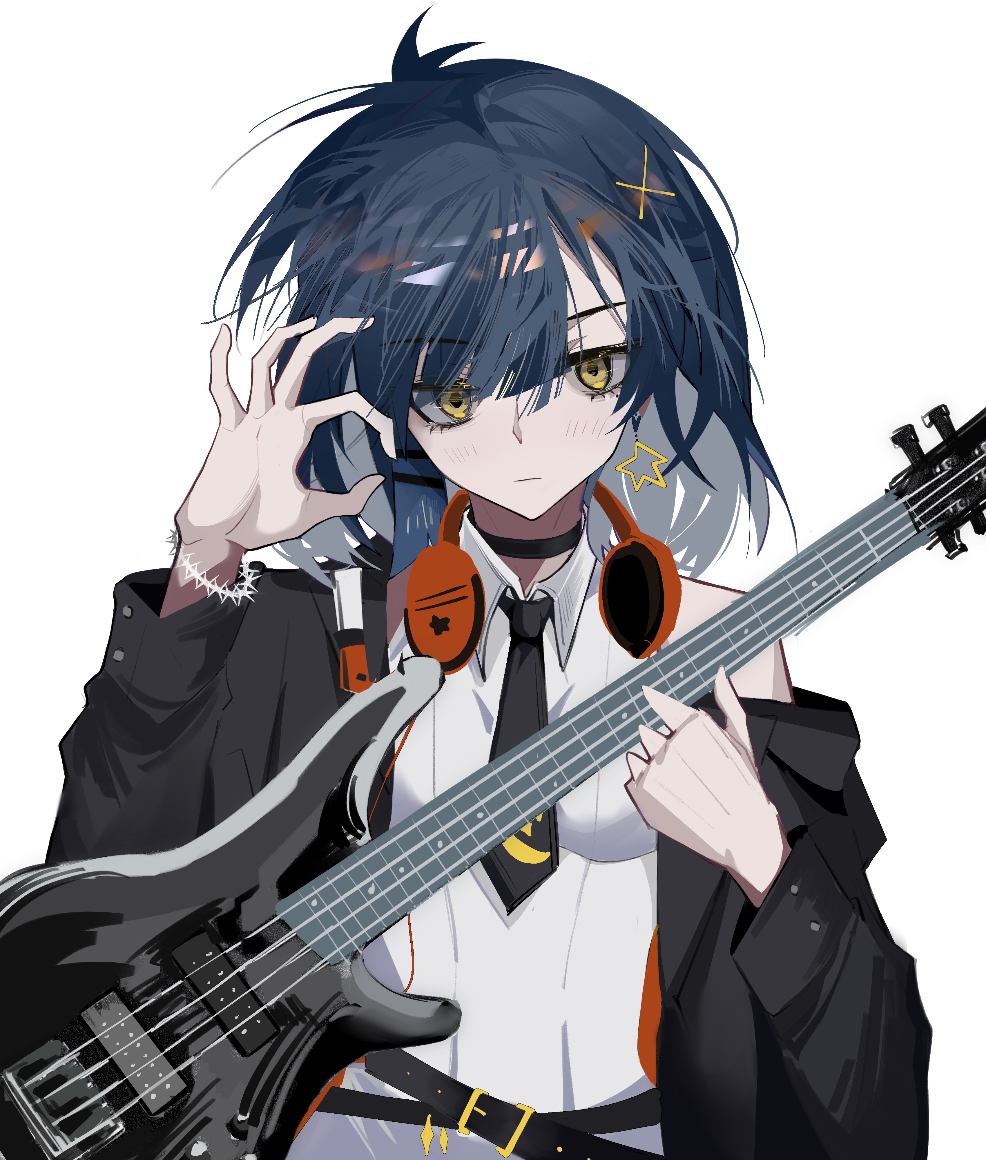 Safebooru - 1girl absurdres asymmetrical bangs bare shoulders belt belt buckle black belt black ...