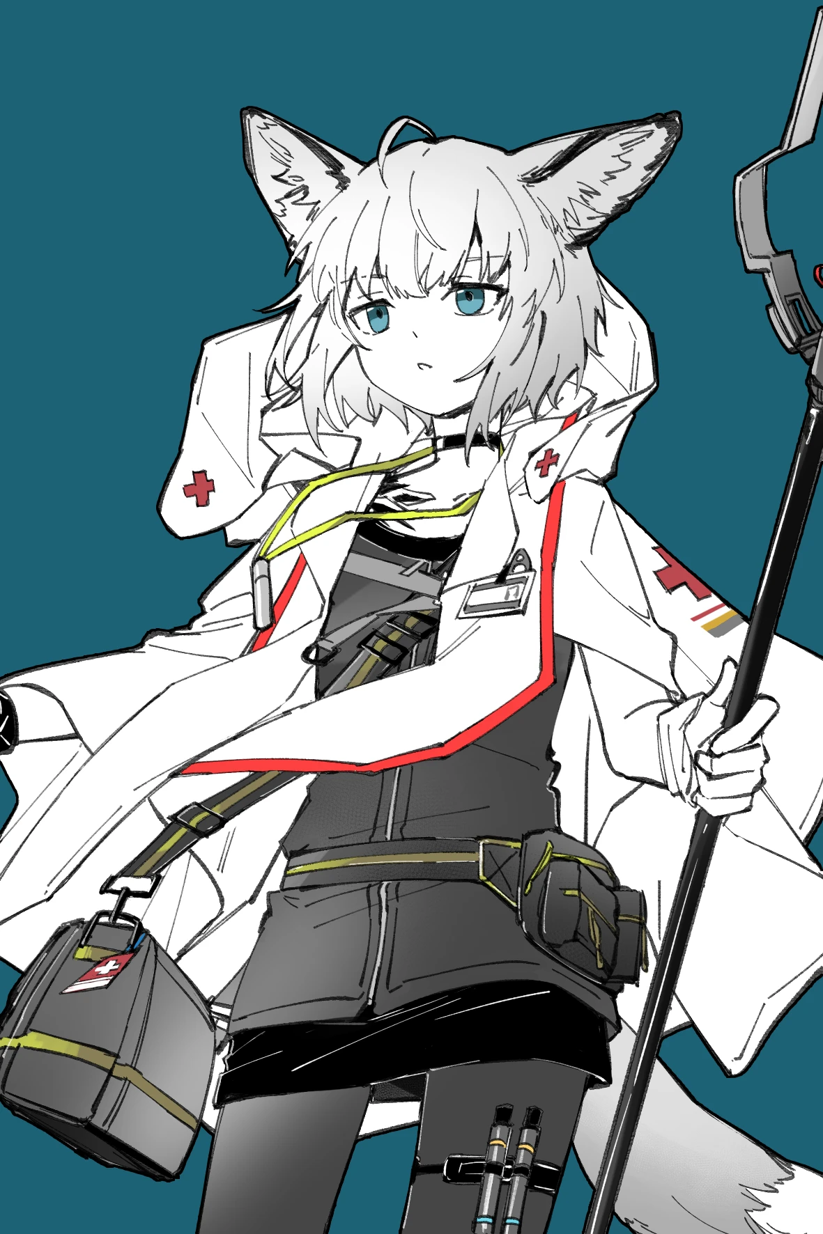 Safebooru - 1girl animal ears aqua background aqua eyes arknights bag belt chinese commentary ...