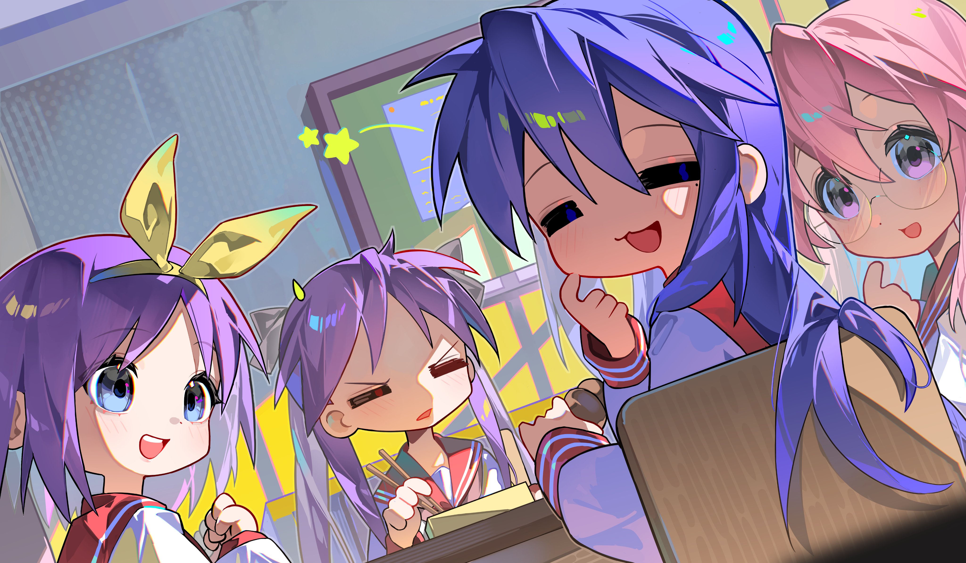 Safebooru - 4girls :3 absurdres blue eyes blue hair bow hairband chair chopsticks closed eyes ...