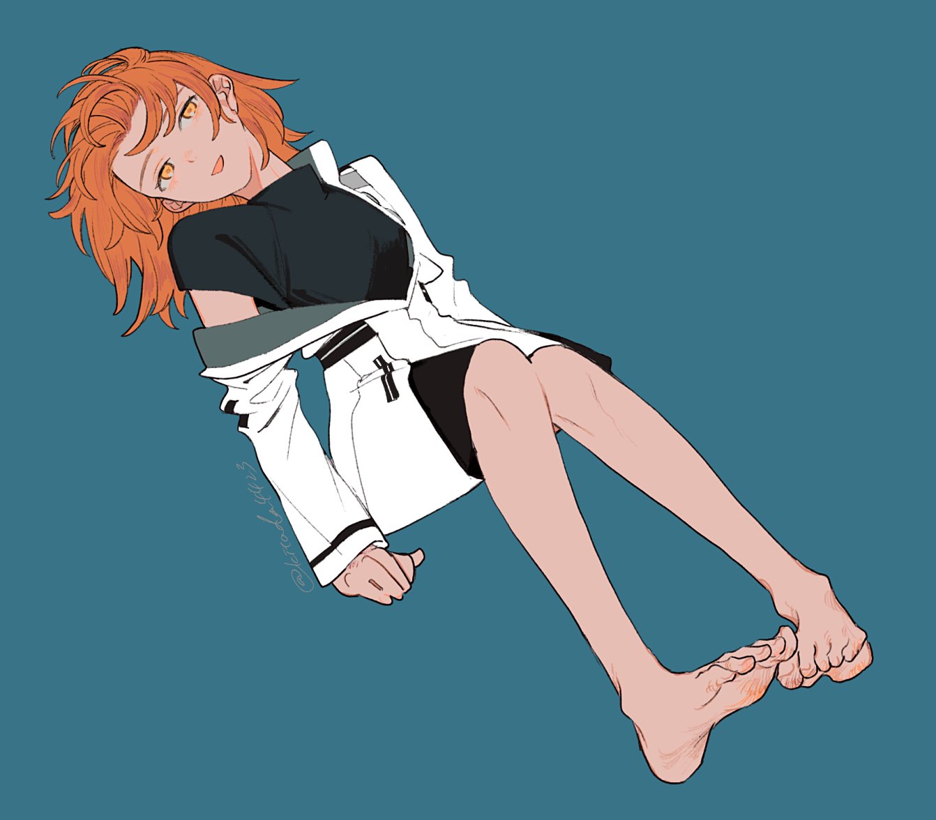 Safebooru - 1girl barefoot black shirt blue background chaldea uniform ...