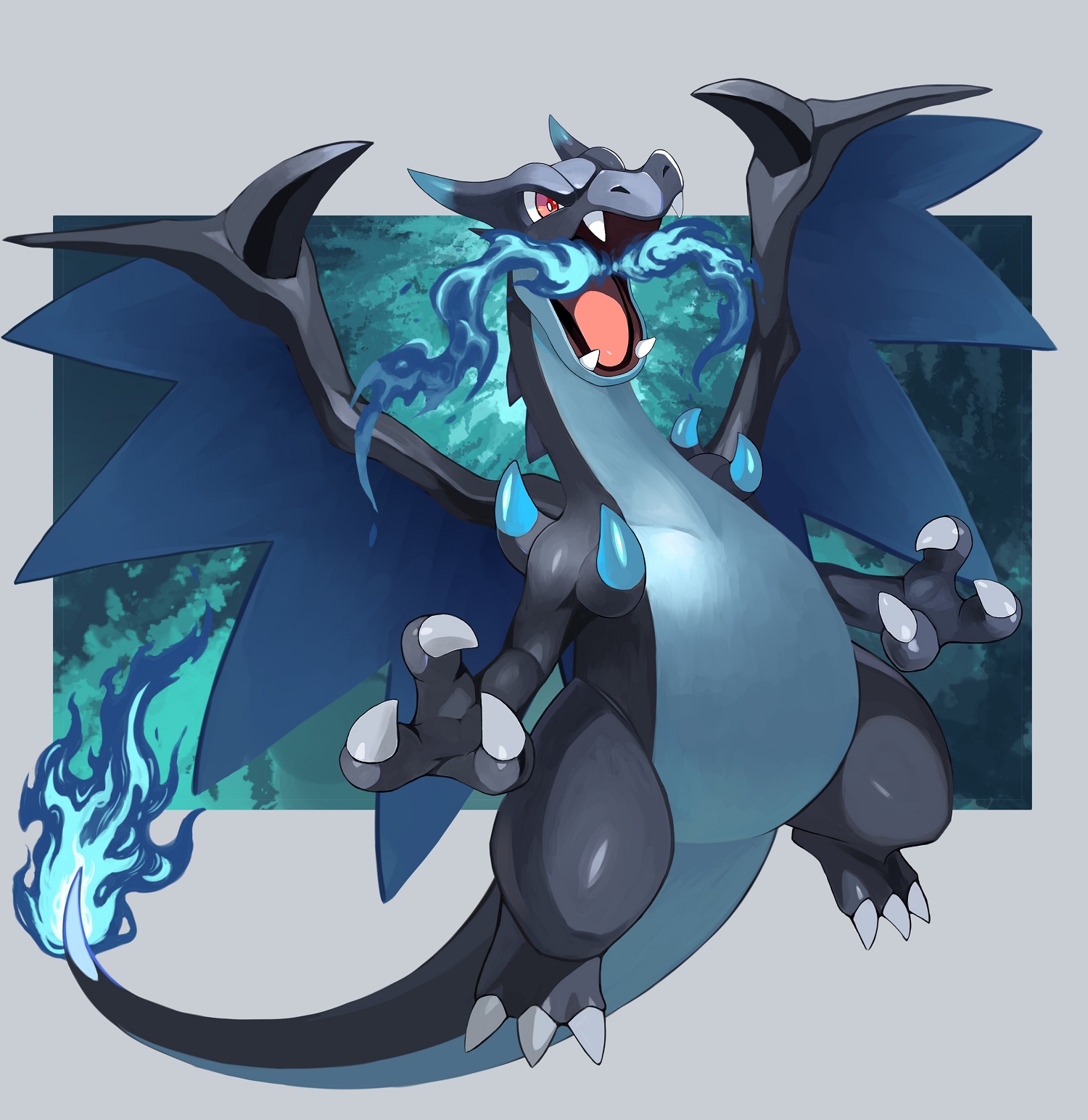 Safebooru - black skin blue fire blue skin blue theme blue wings border charizard claws colored ...