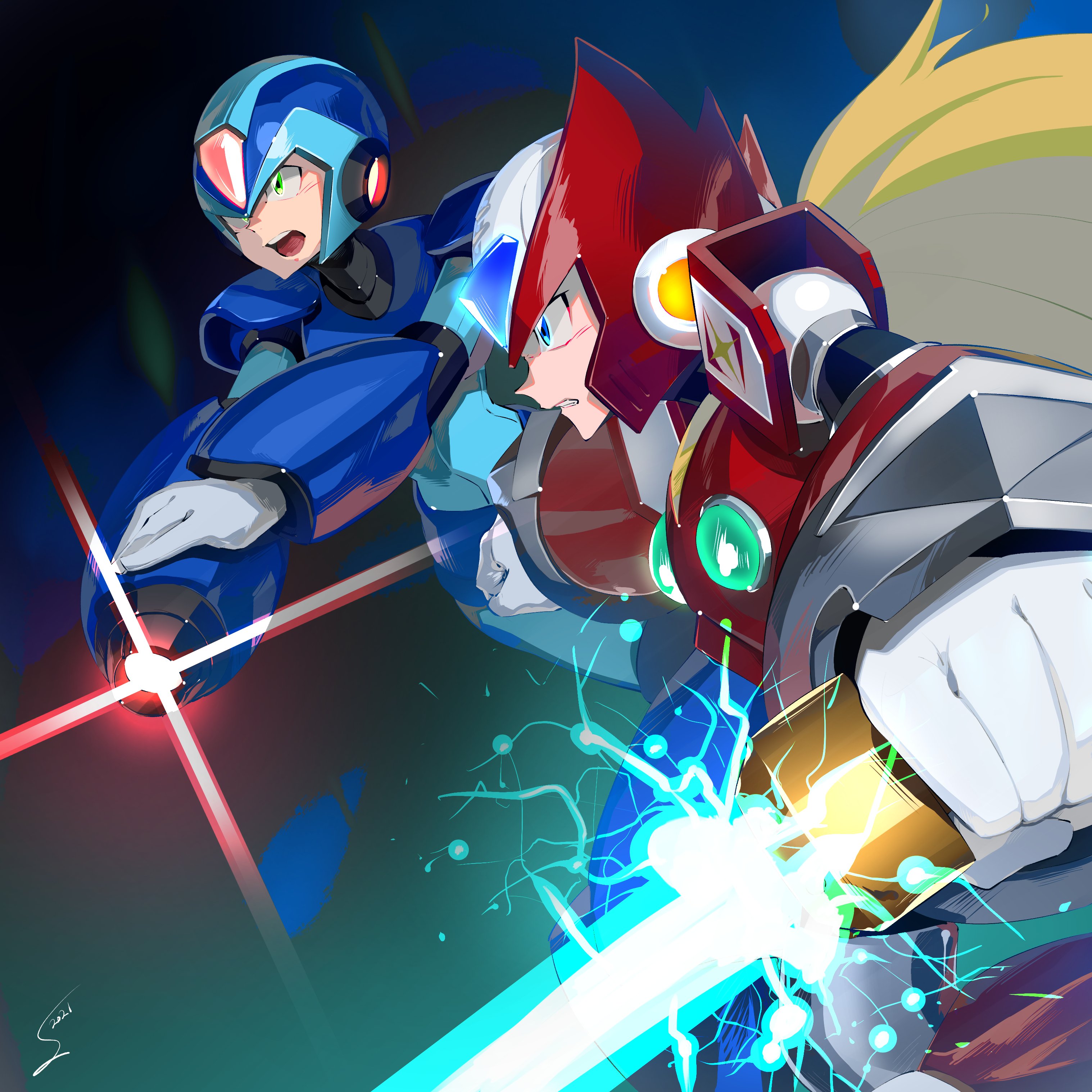 Safebooru - 2boys absurdres arm cannon armor blonde hair blue armor ...