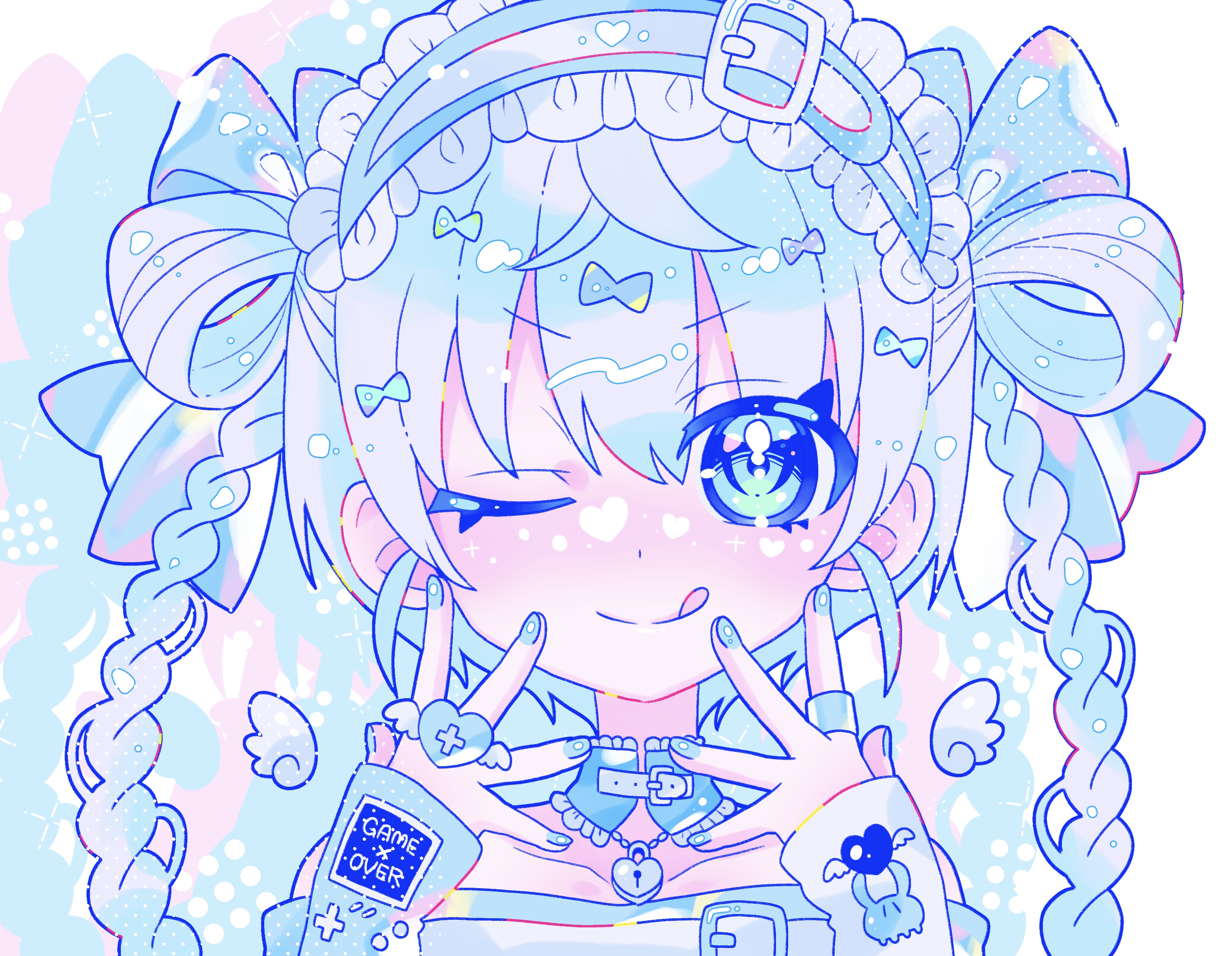 Safebooru - 1girl 7mizzz absurdres aqua eyes arm warmers artist self-insert blue theme bow braid ...