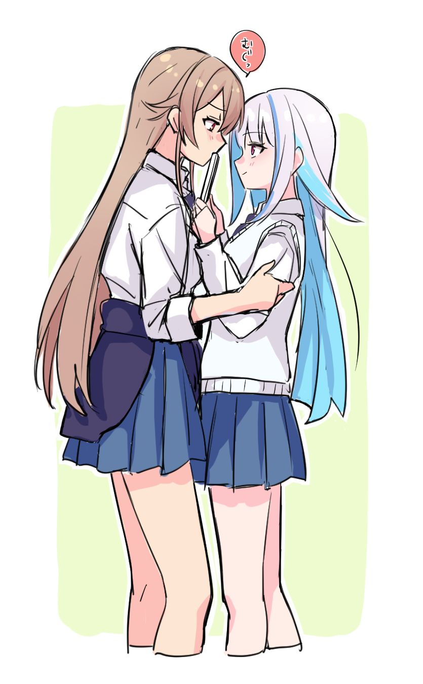 Safebooru - 2girls blue hair blue skirt blush book brown hair closed mouth clothes around waist ...