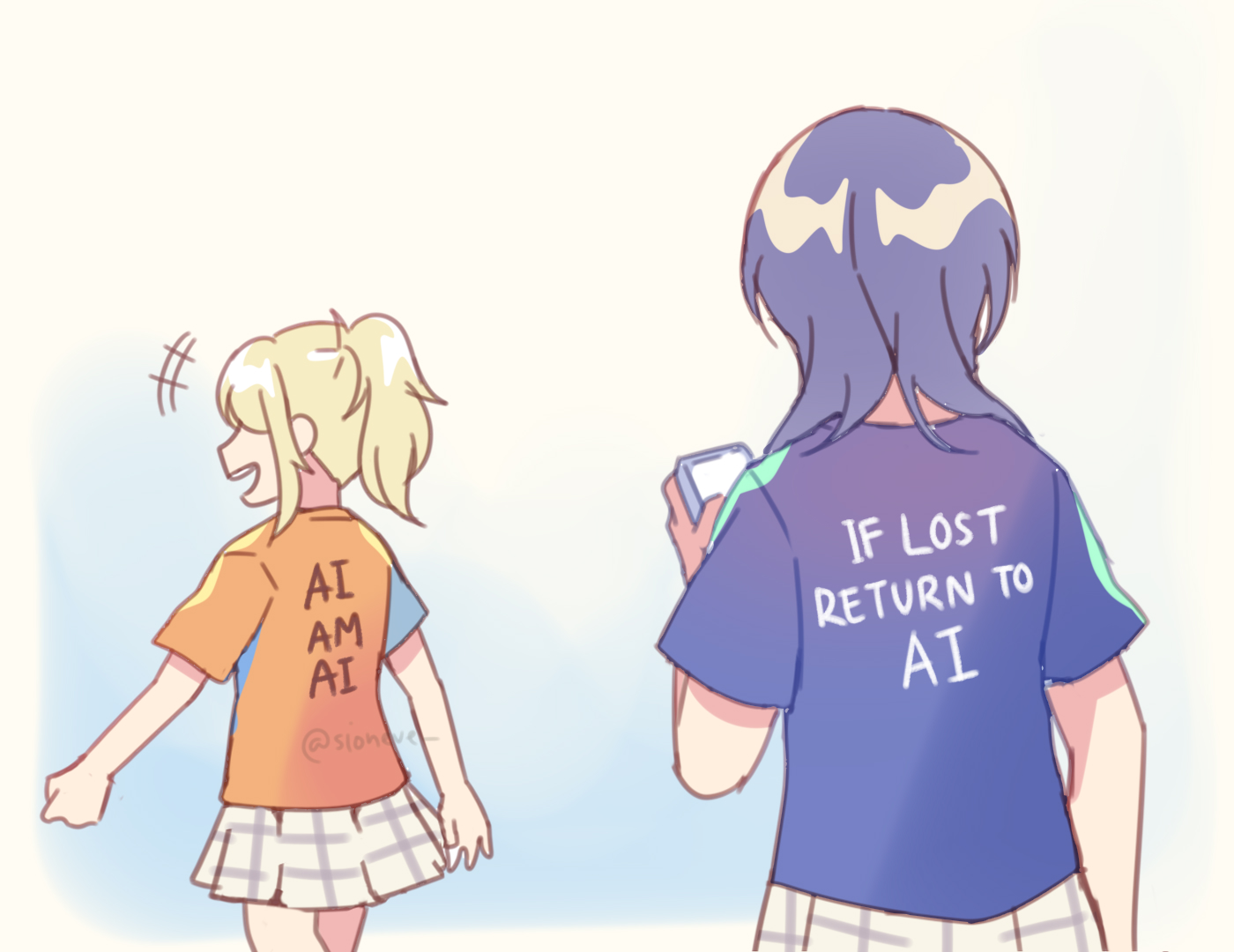 Safebooru - +++ 2girls asaka karin blonde hair blue background blue hair blue shirt cellphone ...
