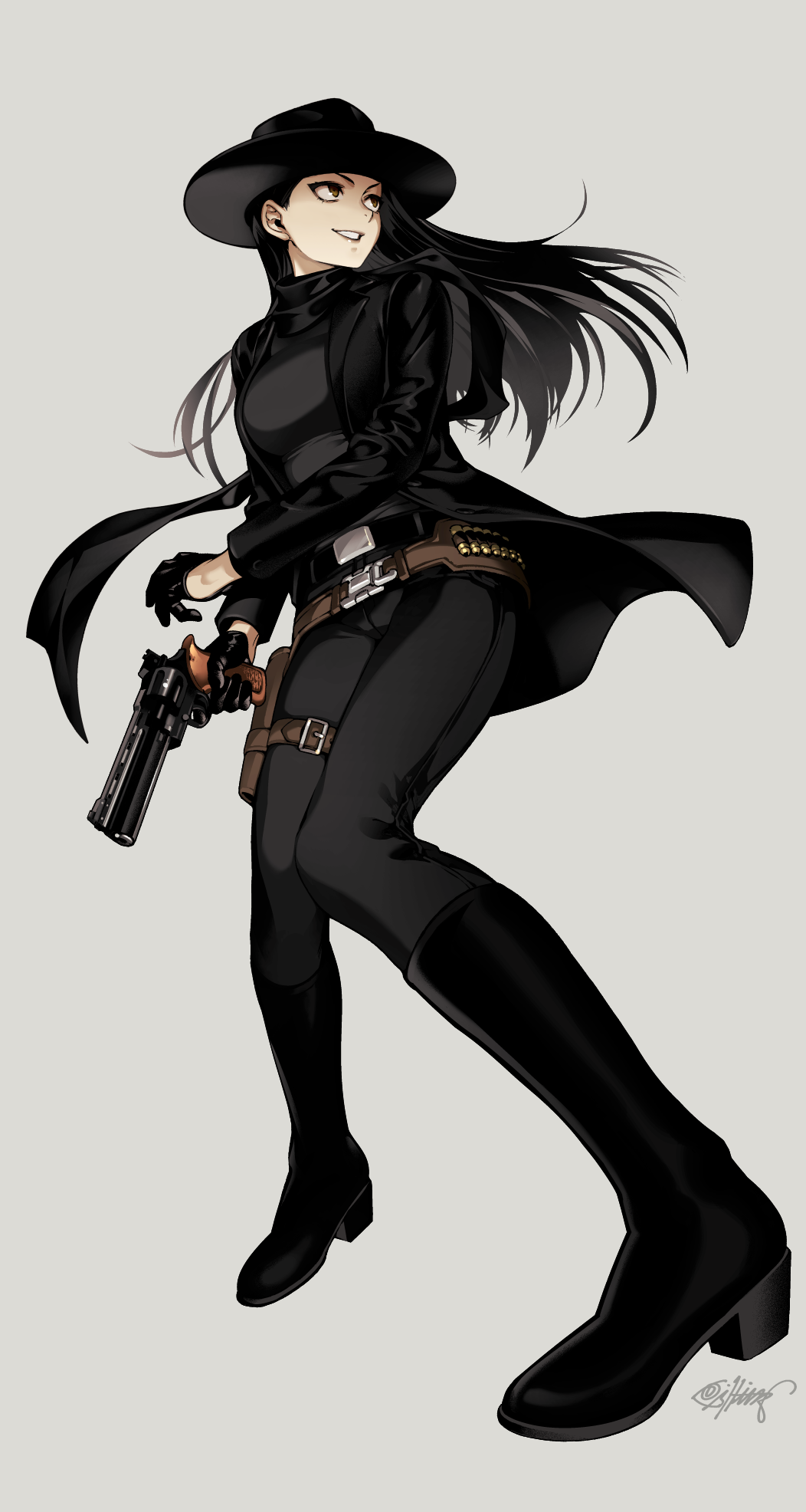 Safebooru - 1girl ammunition belt belt black hair boots coat commission ...