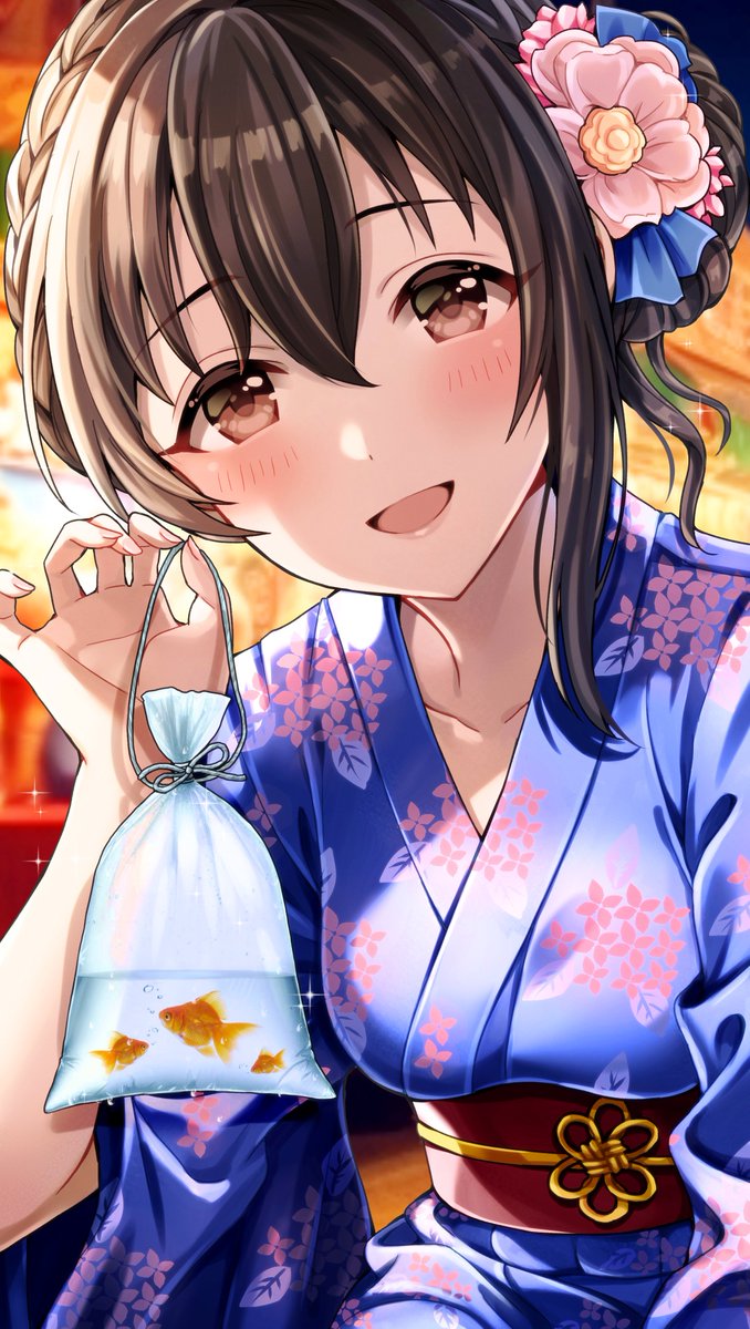 Safebooru - :d alternate hairstyle black hair brown eyes fish fujiwara hajime goldfish goldfish ...
